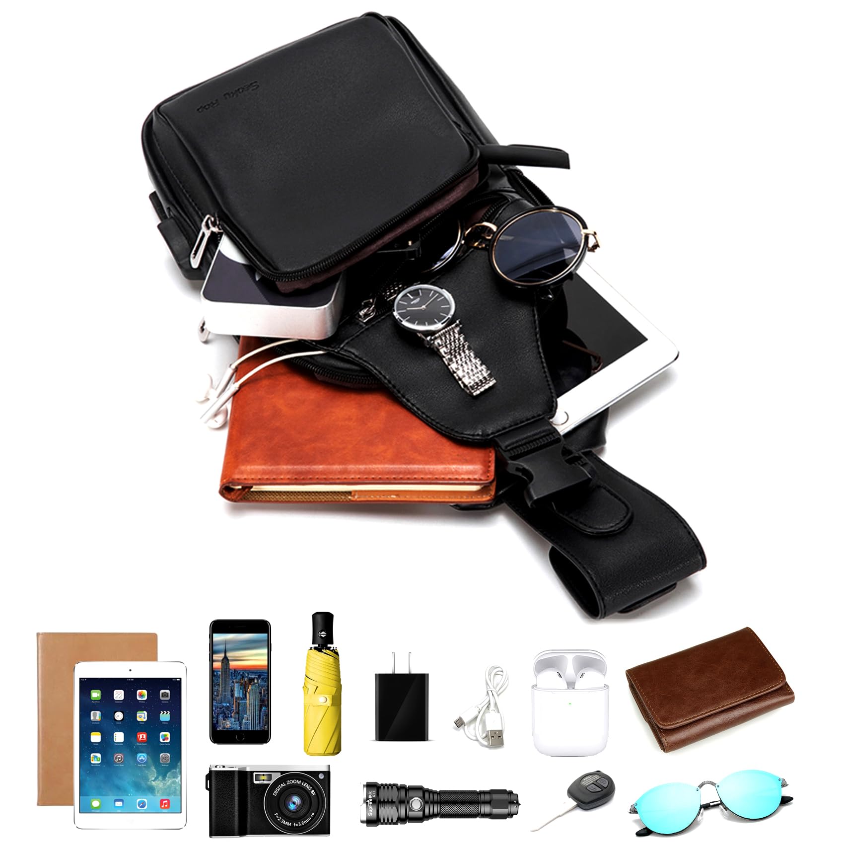 Men Leather Sling Bag Purse Waterproof Crossbody Chest Bag Sling Backpack with USB Charging Port One Shoulder Bag Black
