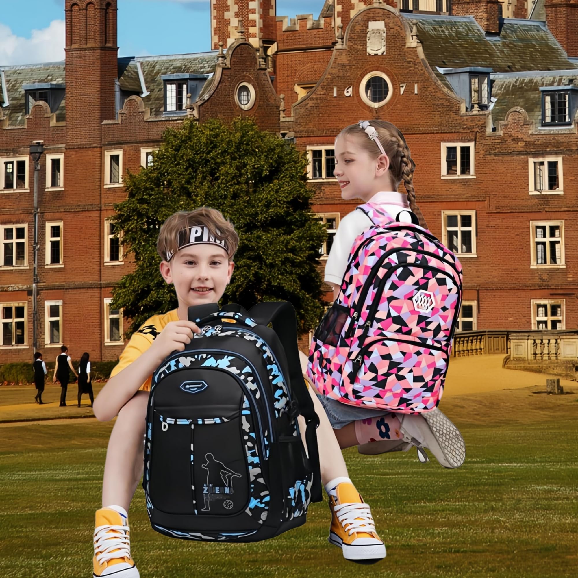 Camo-Print Primary School Backpack and Lunch-Bag Set for Boys Camouflage Elementary Bookbag Rucksack Waterproof