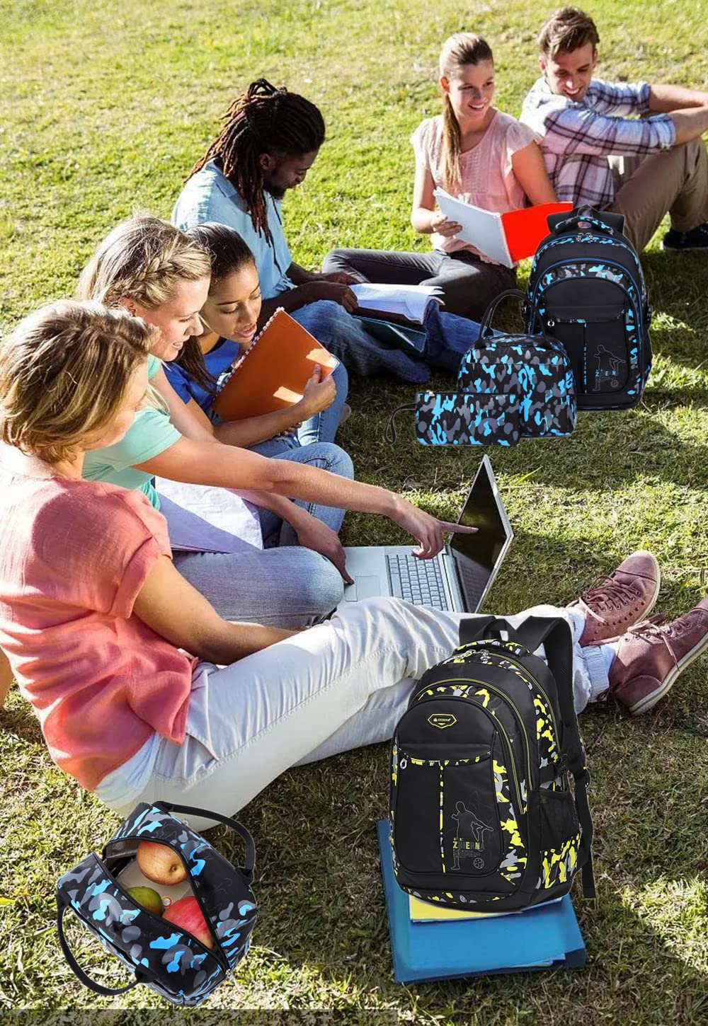 Camo-Print Primary School Backpack and Lunch-Bag Set for Boys Camouflage Elementary Bookbag Rucksack Waterproof