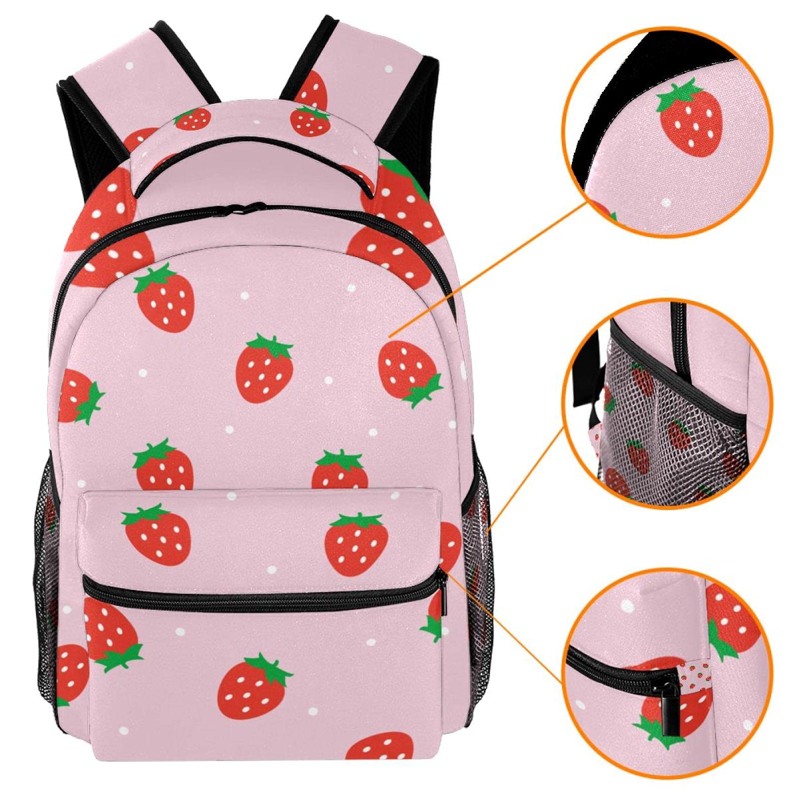JAVENPROEQT School Backpack For Girls Boys, Kawaii Strawberry Pink Patterns Casual Bookbag With Water Bottle Pocket