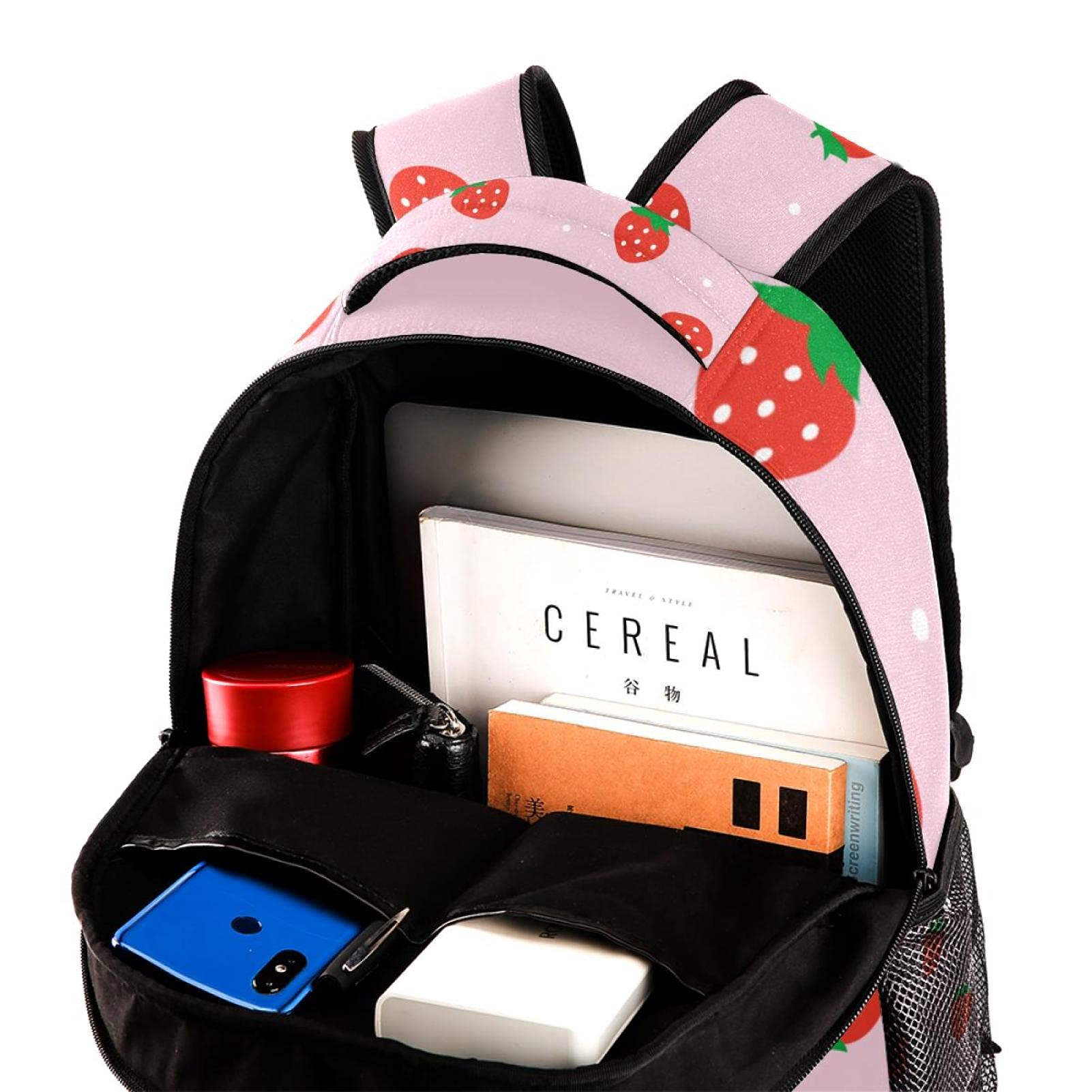 JAVENPROEQT School Backpack For Girls Boys, Kawaii Strawberry Pink Patterns Casual Bookbag With Water Bottle Pocket