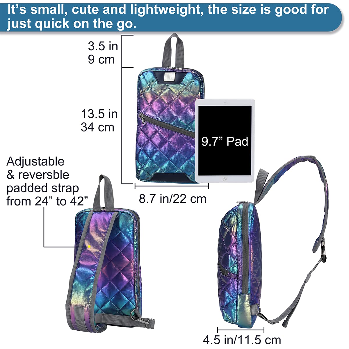 GBLQ PLUS Sling Bags, Iridescent Crossbody Shoulder Puffer Backpack for Women Men Kids, Travel Hiking Small Chest Daypack (Metallic Blue)