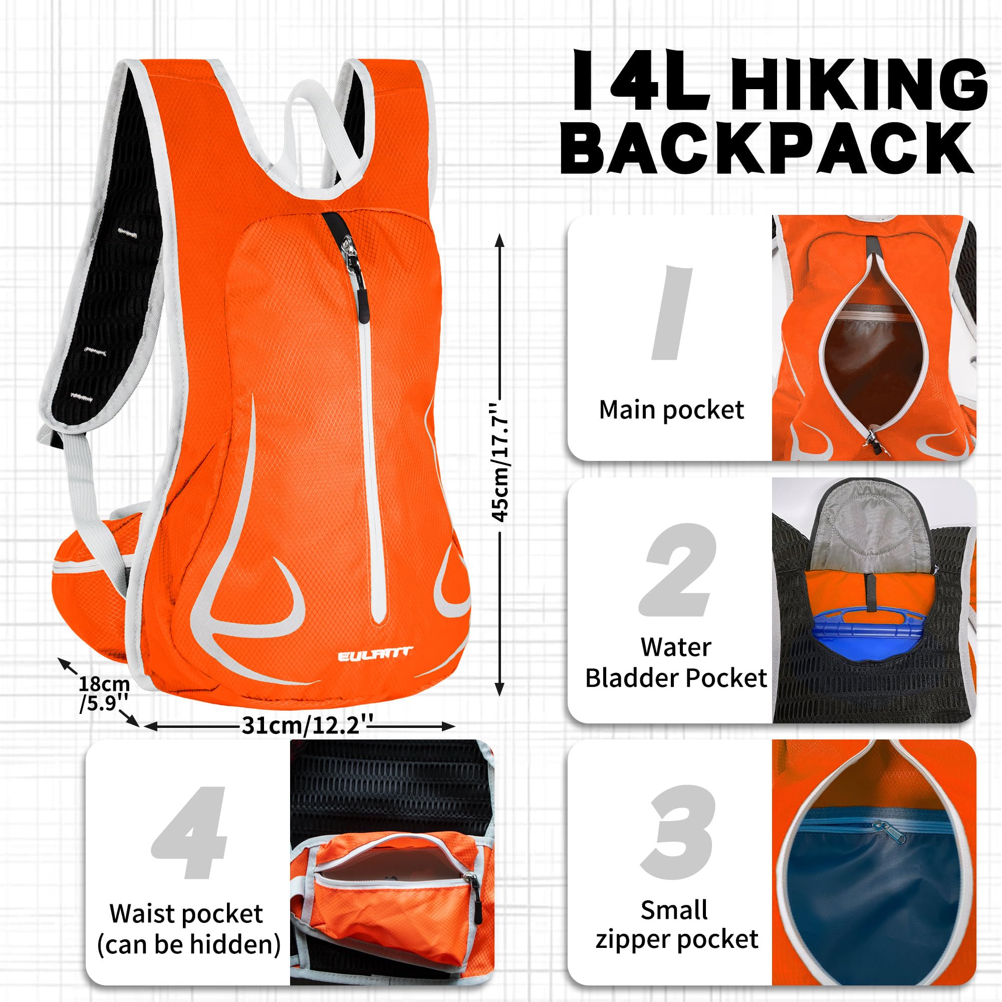 Sborter Small Lightweight Backpack for Cycling/Walking/Running/Hiking/Skiing/Short Trip/School, 14L Hydration Pack Rucksack for Women Men