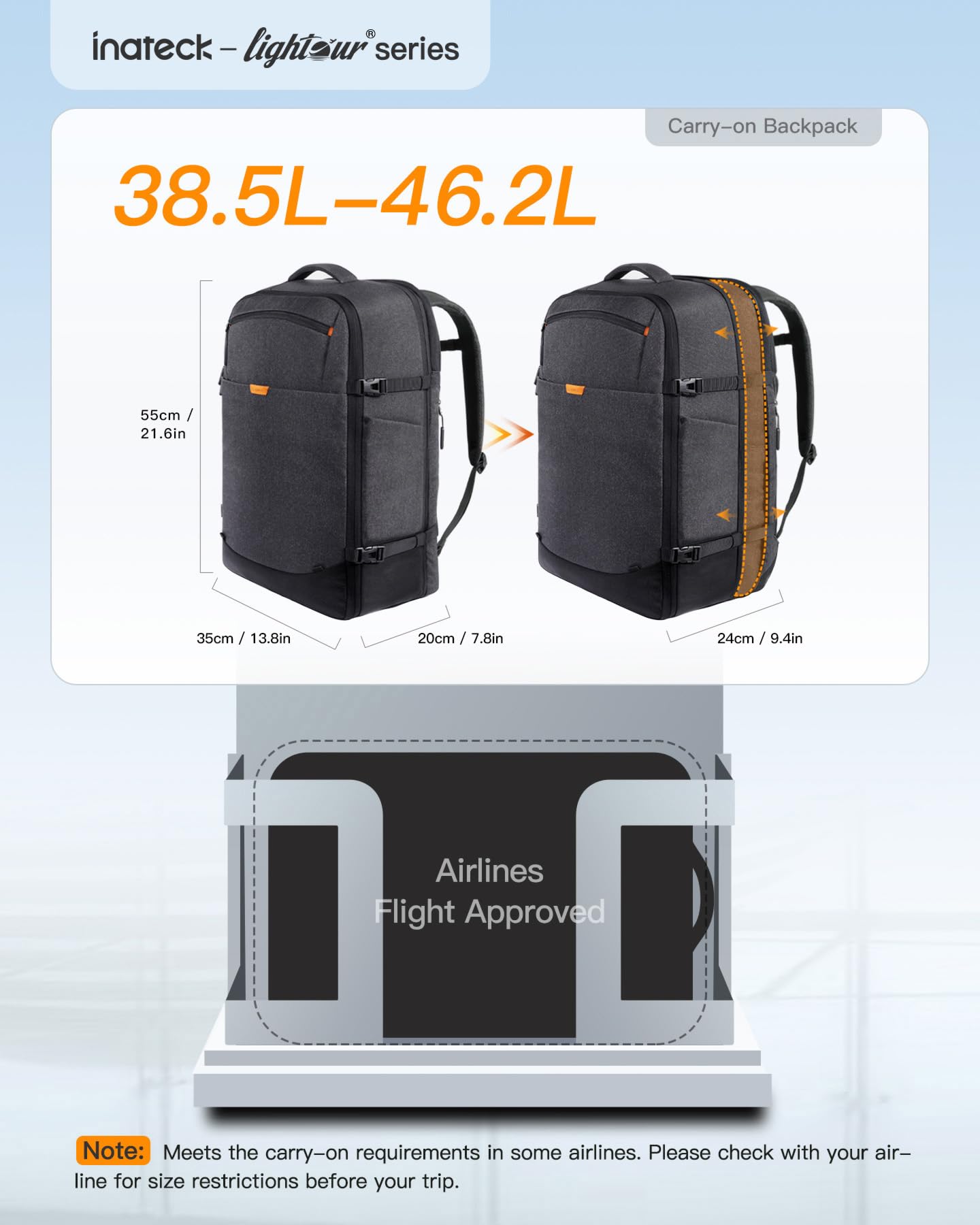 Inateck 38.5-46.2L Travel Backpack, Expandable Carry On Backpack, Splash-resistant Hand Luggage for Men and Women, Trolley Strap Included, Compatible with 12.9 Inch iPad and 17.3 Inch Laptop