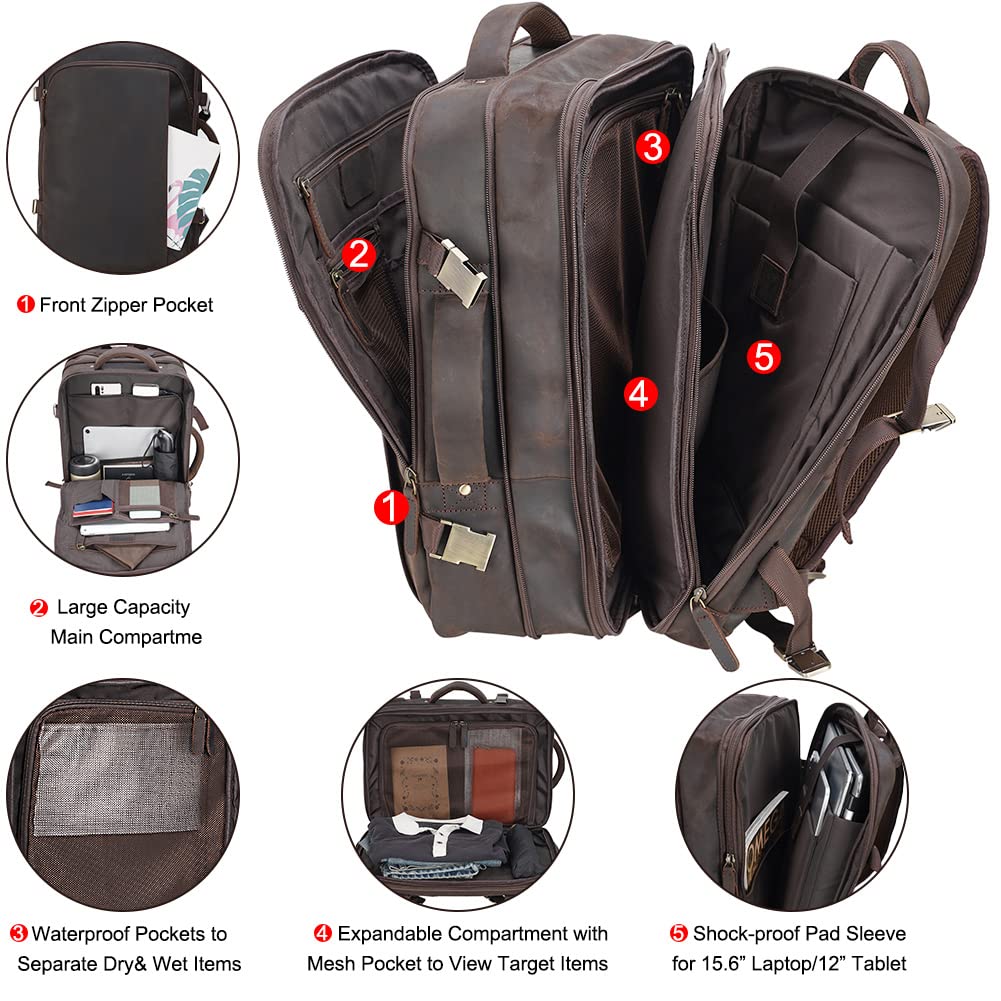 Masa Kawa Vintage Leather Backpack for Men Fits 15.6 Inch Laptop Expandable 36L Business Travel Carry On Backpack School Daypack Weekender Bag