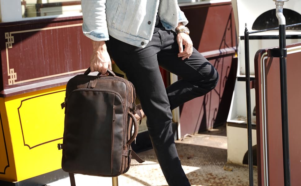 Masa Kawa Vintage Leather Backpack for Men Fits 15.6 Inch Laptop Expandable 36L Business Travel Carry On Backpack School Daypack Weekender Bag