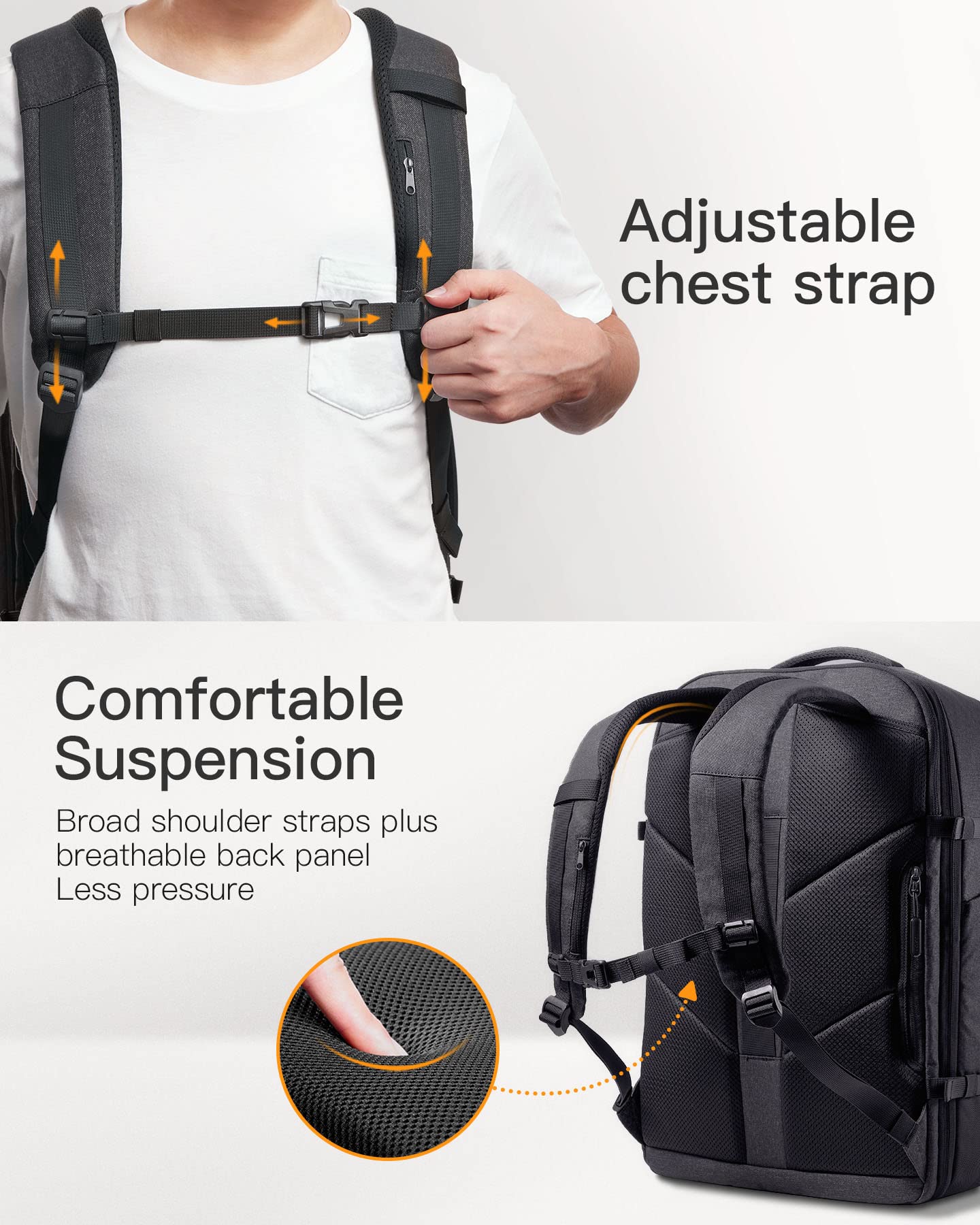 Inateck 38.5-46.2L Travel Backpack, Expandable Carry On Backpack, Splash-resistant Hand Luggage for Men and Women, Trolley Strap Included, Compatible with 12.9 Inch iPad and 17.3 Inch Laptop