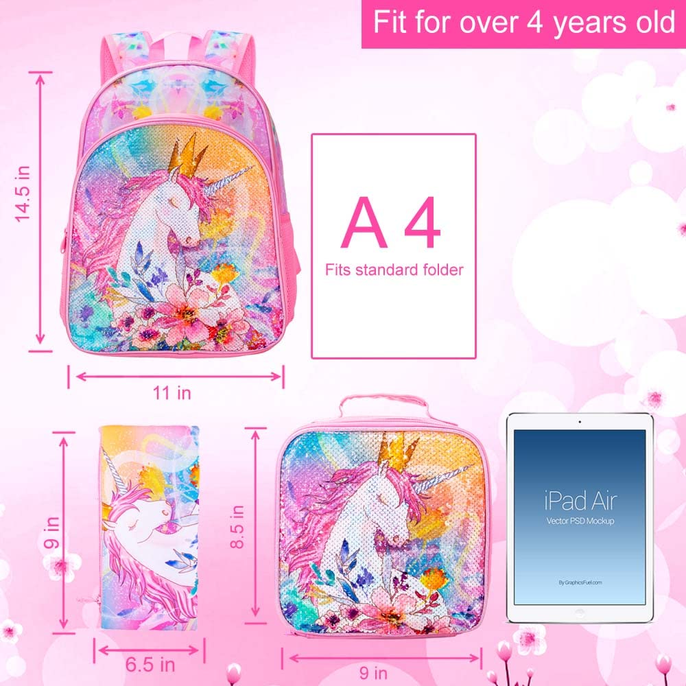 WZLVO 3PCS Unicorn Backpack for Girls, 16β Kids Sequin Bookbag, Elementary Preschool School Back Packs and Lunch Box