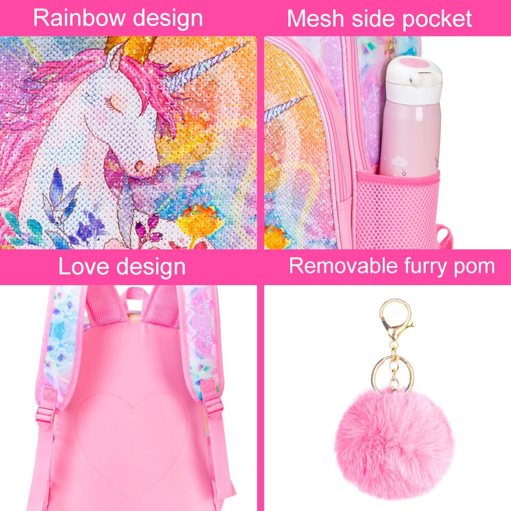 WZLVO 3PCS Unicorn Backpack for Girls, 16β Kids Sequin Bookbag, Elementary Preschool School Back Packs and Lunch Box