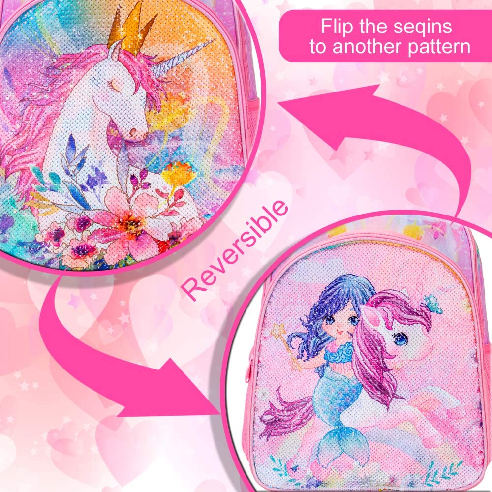WZLVO 3PCS Unicorn Backpack for Girls, 16β Kids Sequin Bookbag, Elementary Preschool School Back Packs and Lunch Box
