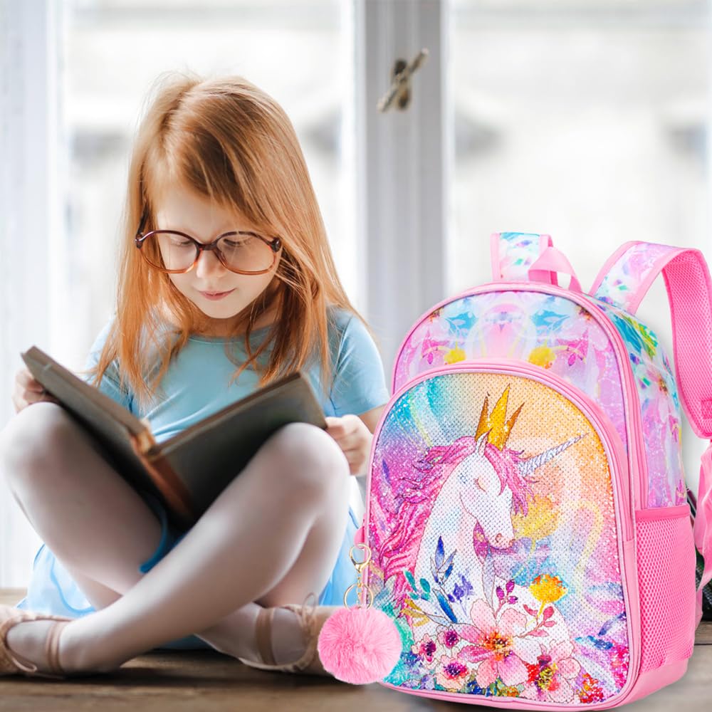 WZLVO 3PCS Unicorn Backpack for Girls, 16β Kids Sequin Bookbag, Elementary Preschool School Back Packs and Lunch Box