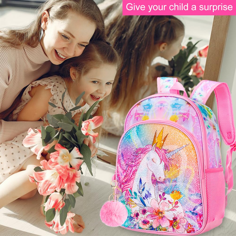 WZLVO 3PCS Unicorn Backpack for Girls, 16β Kids Sequin Bookbag, Elementary Preschool School Back Packs and Lunch Box