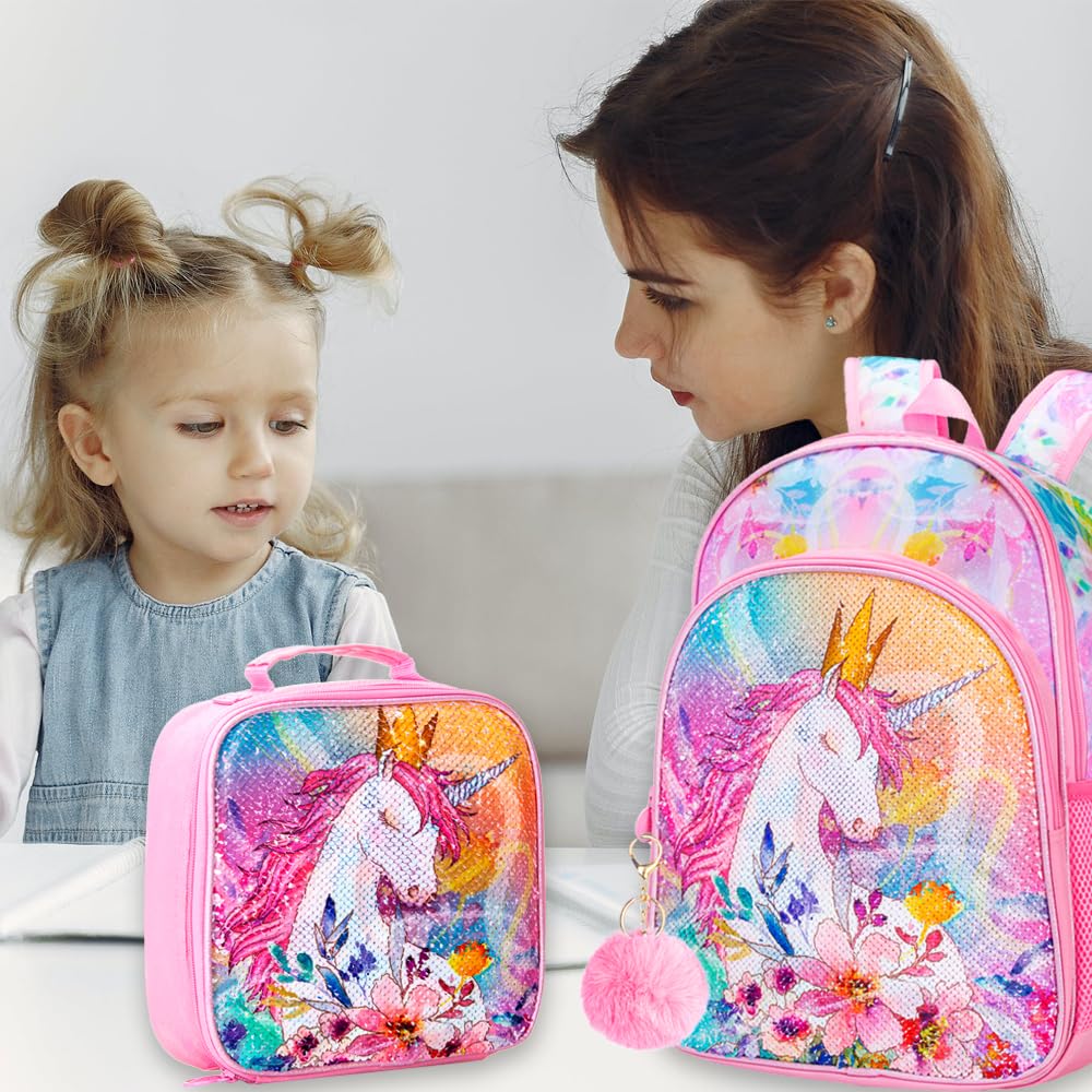 WZLVO 3PCS Unicorn Backpack for Girls, 16β Kids Sequin Bookbag, Elementary Preschool School Back Packs and Lunch Box