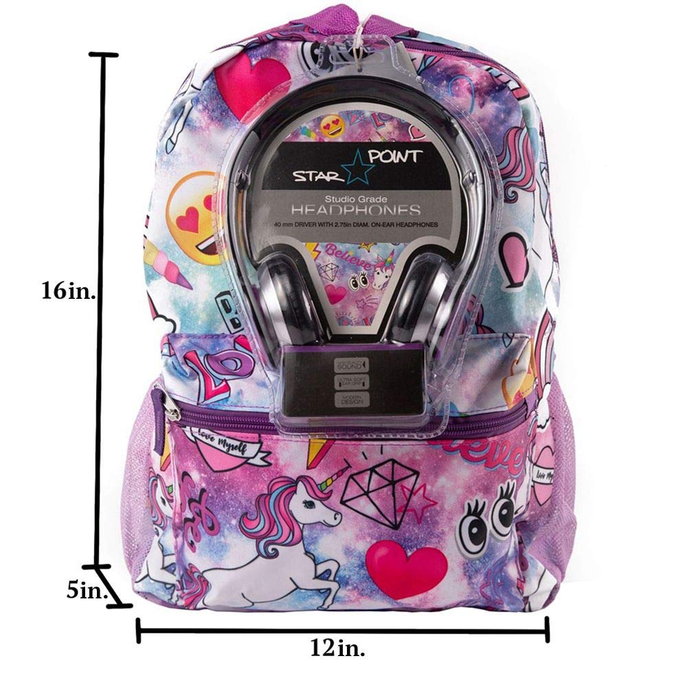 Fab Starpoint Unicorn Backpack for Girls with Headphones β Large, 16 inch, Girls School Backpack Set