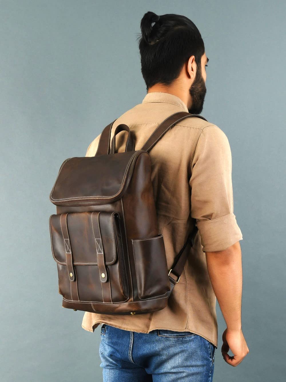Gratlin Buffalo Leather Backpack for Men & Women 17 Inches | Vintage Genuine Leather Laptop Backpack | Full Grain Brown Leather Rucksack Knapsack with Padded Laptop Sleeve Best for Office Travel Use