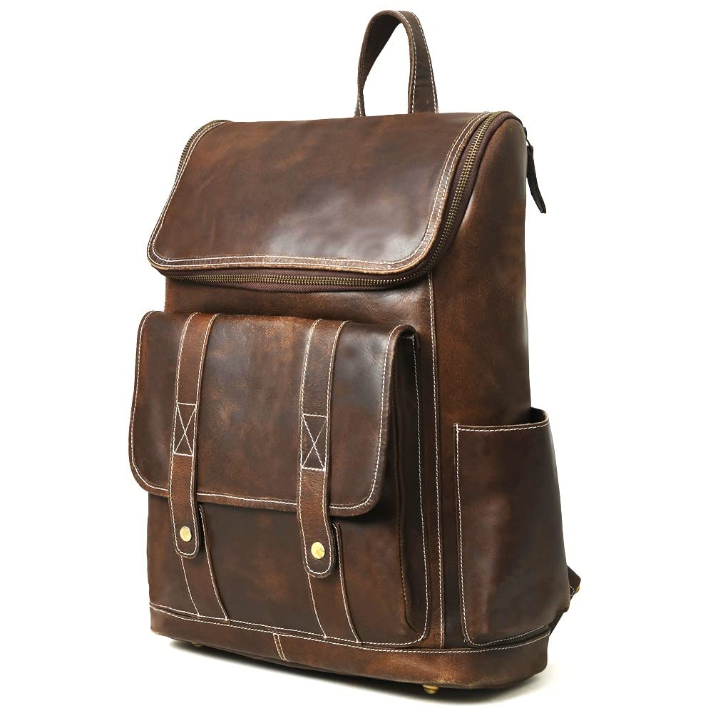 Gratlin Buffalo Leather Backpack for Men & Women 17 Inches | Vintage Genuine Leather Laptop Backpack | Full Grain Brown Leather Rucksack Knapsack with Padded Laptop Sleeve Best for Office Travel Use