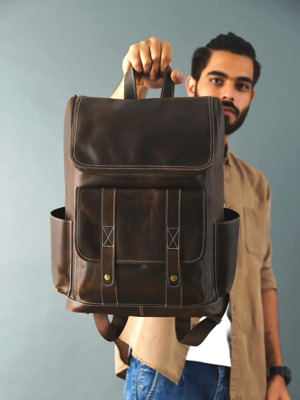 Gratlin Buffalo Leather Backpack for Men & Women 17 Inches | Vintage Genuine Leather Laptop Backpack | Full Grain Brown Leather Rucksack Knapsack with Padded Laptop Sleeve Best for Office Travel Use