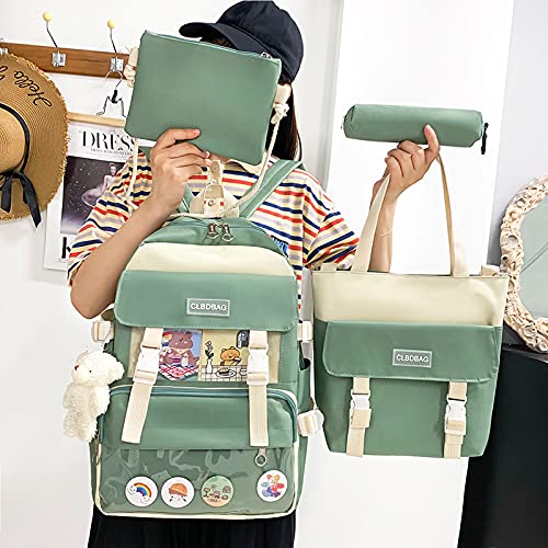 Cute Kawaii Backpack 4Pcs Canvas Backpack Give away bear pendant Pencil Pouch Shoulder Bag Lunch Bag for Girls Boys (one size, Green)
