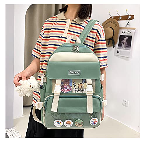 Cute Kawaii Backpack 4Pcs Canvas Backpack Give away bear pendant Pencil Pouch Shoulder Bag Lunch Bag for Girls Boys (one size, Green)