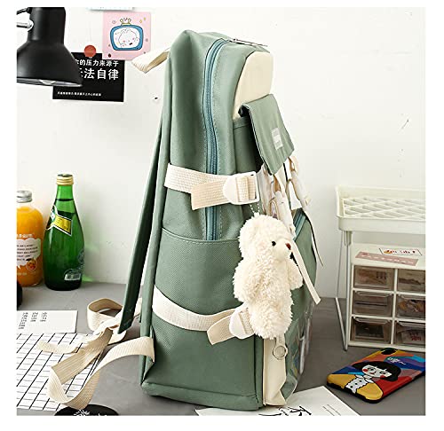 Cute Kawaii Backpack 4Pcs Canvas Backpack Give away bear pendant Pencil Pouch Shoulder Bag Lunch Bag for Girls Boys (one size, Green)