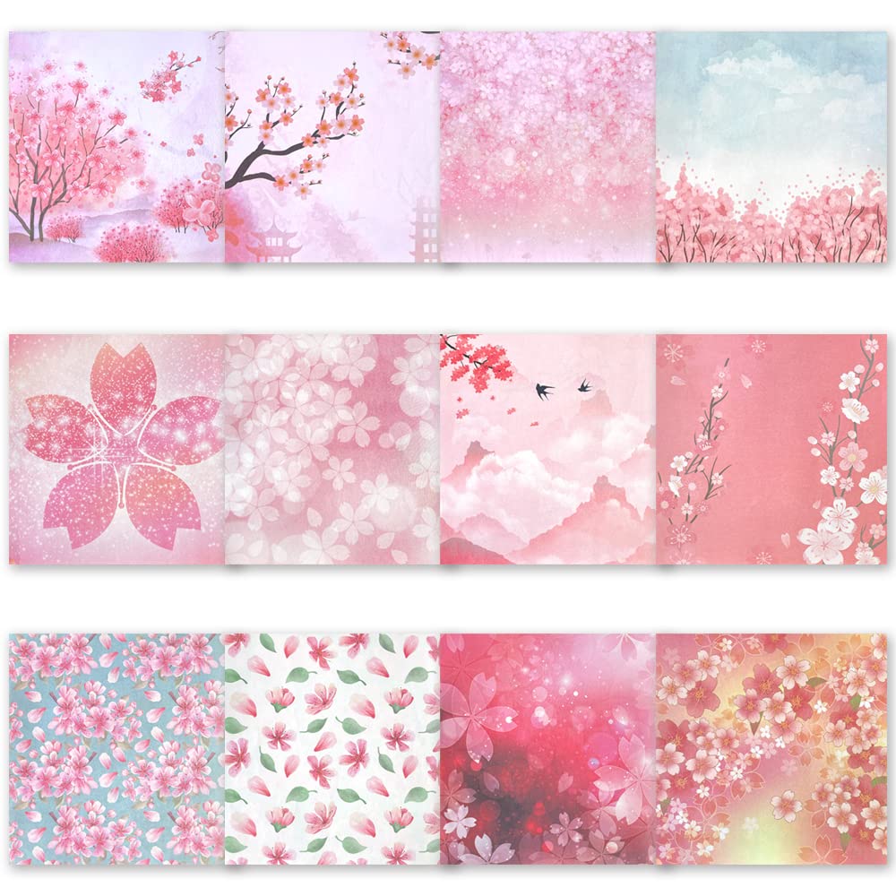 Origami 6x6 Paper Kit 50 Sheets 12 Vivid Colors Double Sided Printed Traditional Patterns Square for Arts Crafts Projects, Japanese Sakura Chiyo
