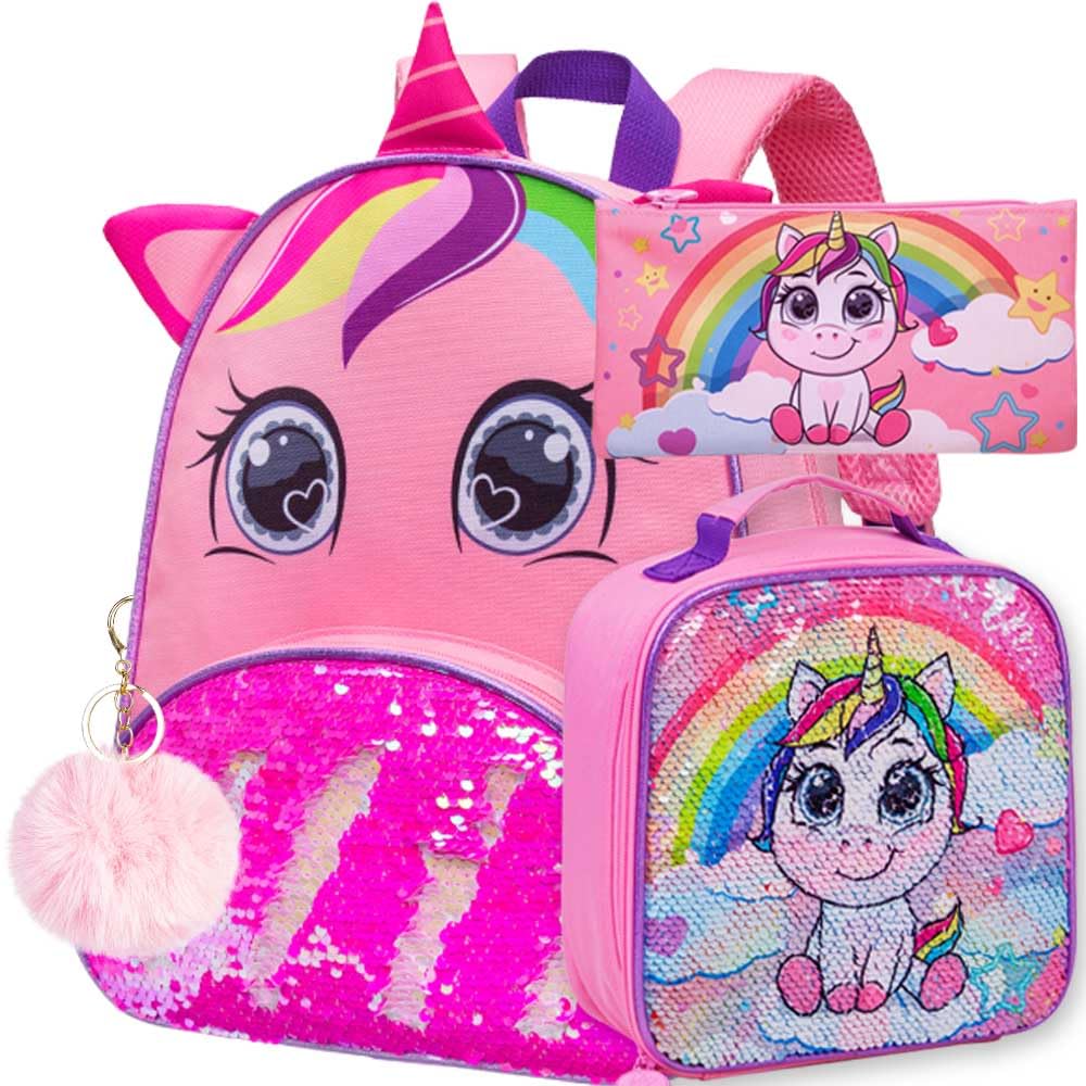 KLFVB 3PCS Toddler Backpack for Girls, 12” Cute Unicorn Preschool Bookbag and Lunch Box, Cute Kids Little Sequin Schoolbag