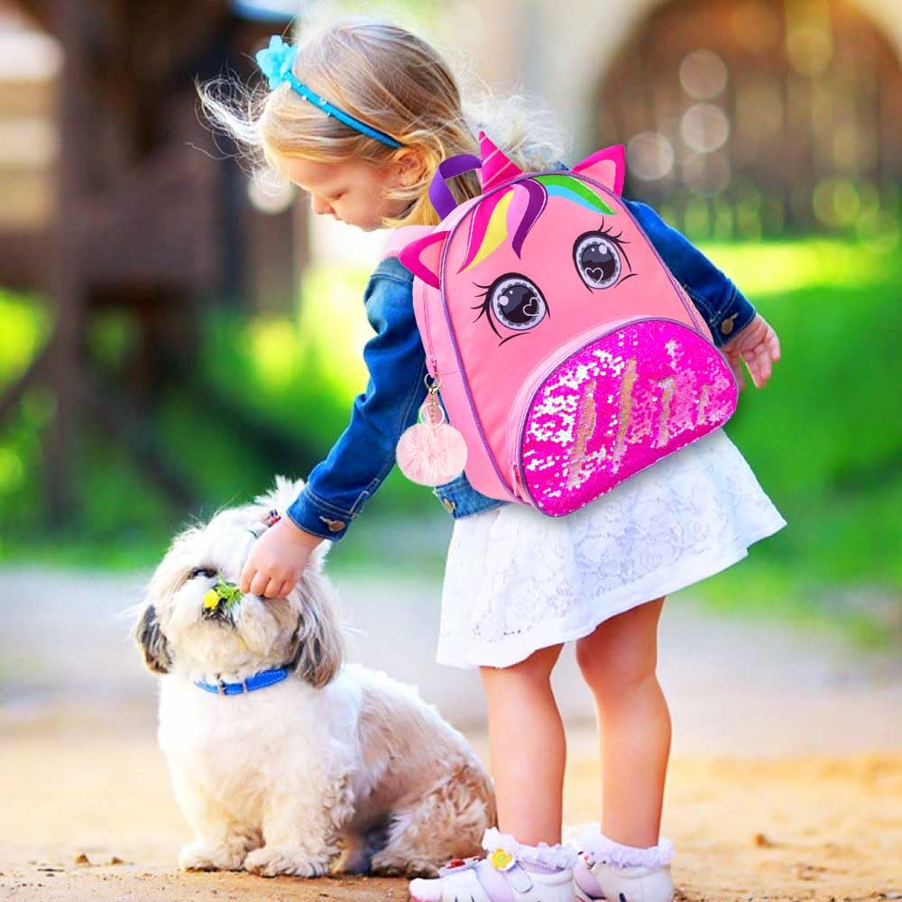 KLFVB 3PCS Toddler Backpack for Girls, 12β Cute Unicorn Preschool Bookbag and Lunch Box, Cute Kids Little Sequin Schoolbag