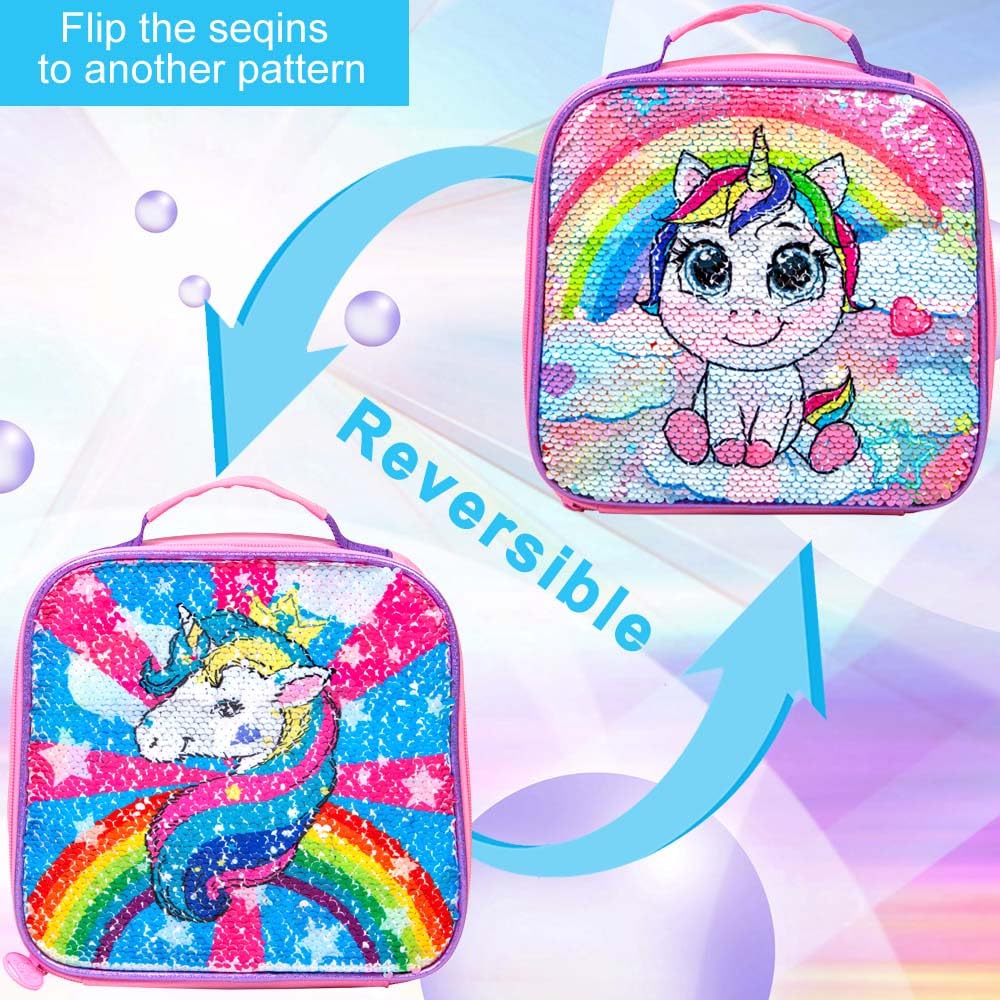 KLFVB 3PCS Toddler Backpack for Girls, 12β Cute Unicorn Preschool Bookbag and Lunch Box, Cute Kids Little Sequin Schoolbag