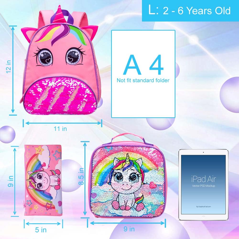KLFVB 3PCS Toddler Backpack for Girls, 12β Cute Unicorn Preschool Bookbag and Lunch Box, Cute Kids Little Sequin Schoolbag