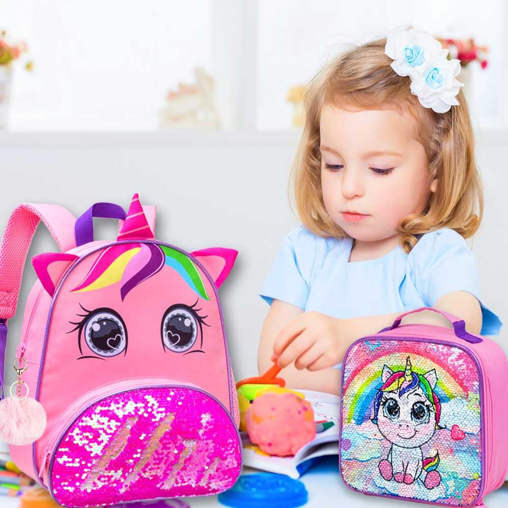 KLFVB 3PCS Toddler Backpack for Girls, 12β Cute Unicorn Preschool Bookbag and Lunch Box, Cute Kids Little Sequin Schoolbag
