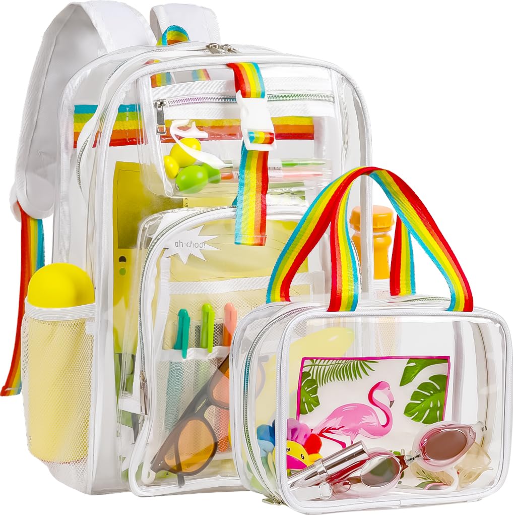 2 Pieces Heavy Duty Clear Backpack(Rainbow/White), PVC Waterproof Transparent Bag With Cosmetic Bag, See Through Book Bag With Lunch Bag, Stadium Approved, For School, Work, Women, Men, Boy, Girl