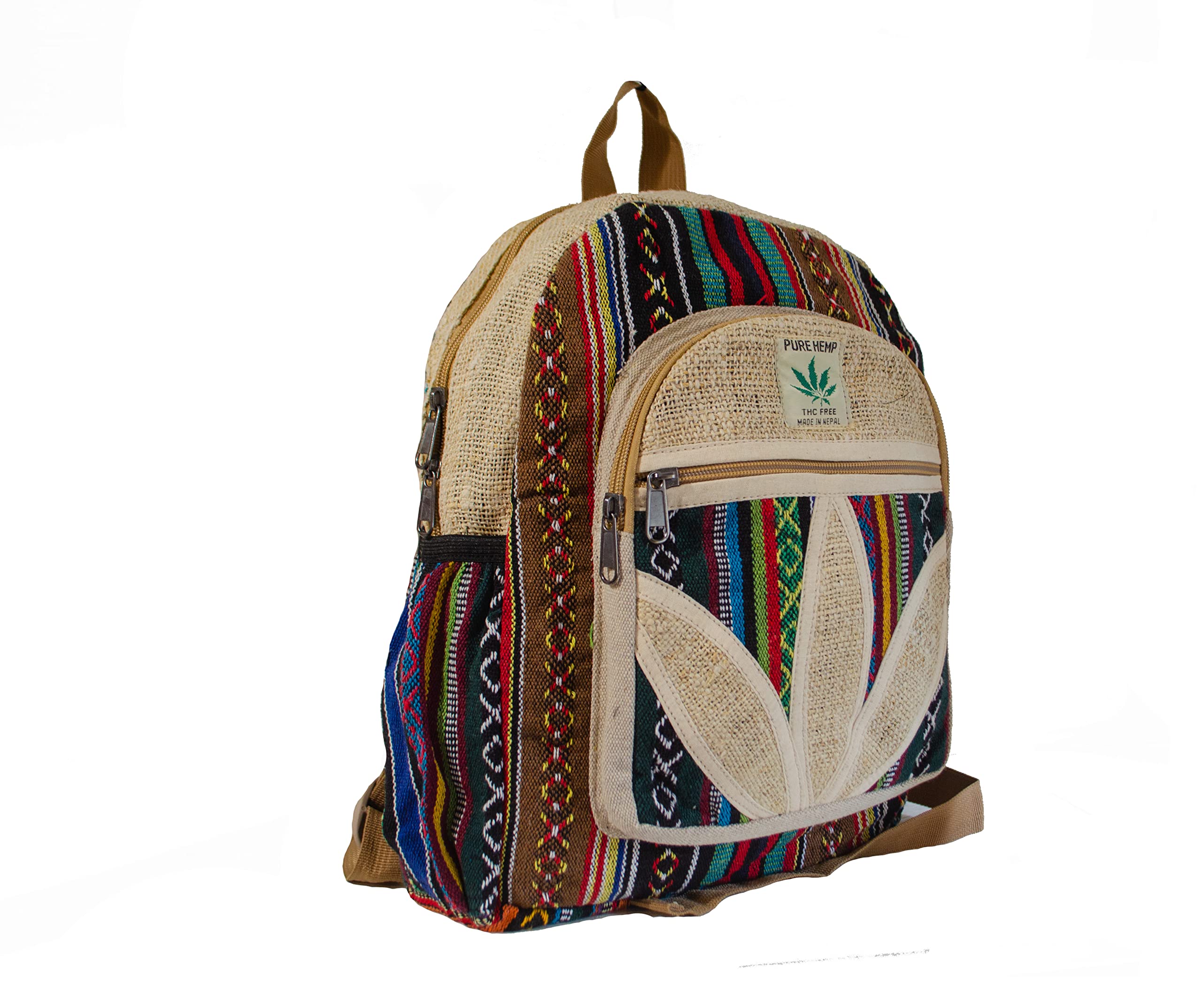 Himalayan Fashion Handmade Hemp Medium Backpack Bohemian Marijuana Style Travel Bag, Black, Beige