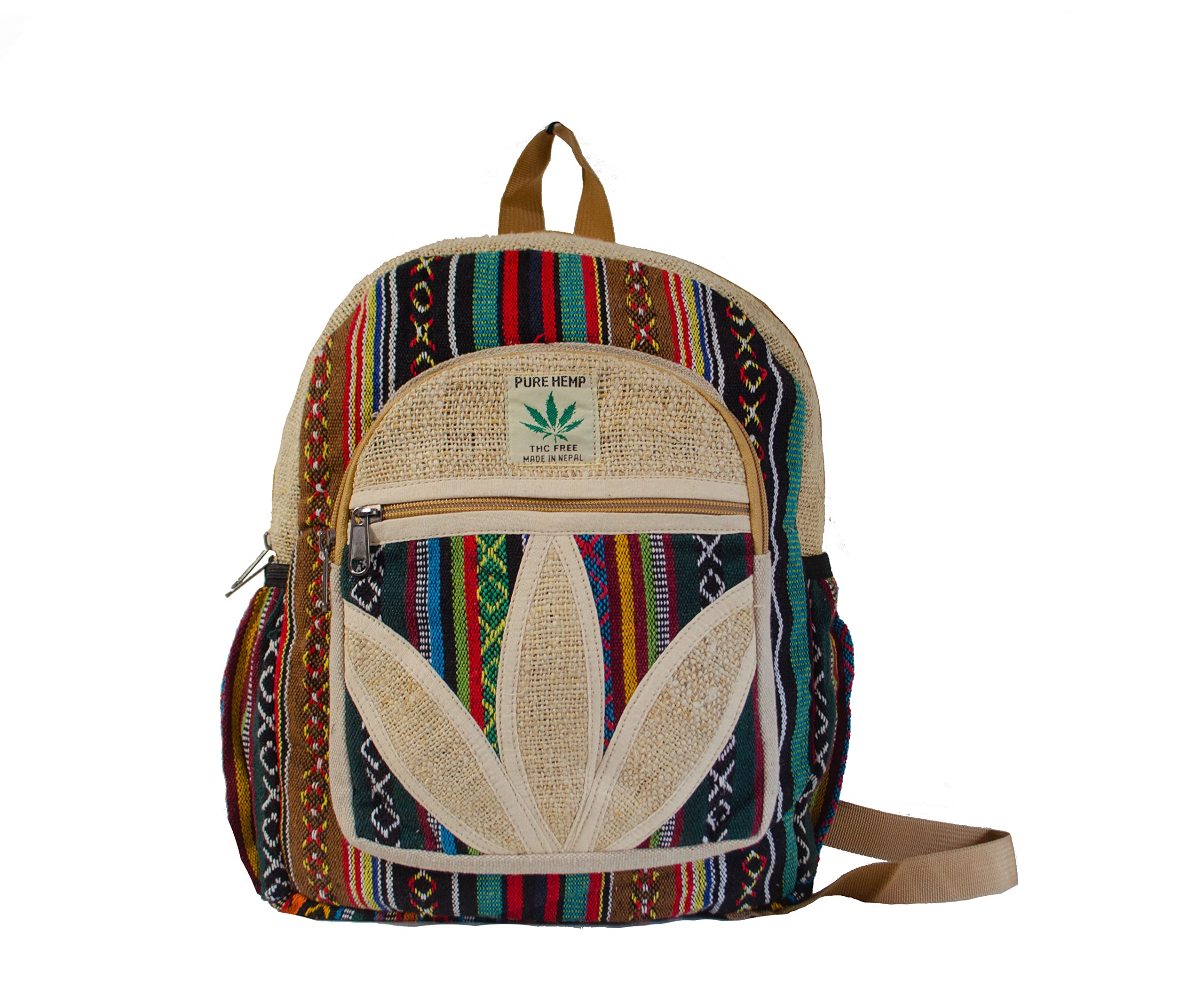 Himalayan Fashion Handmade Hemp Medium Backpack Bohemian Marijuana Style Travel Bag, Black, Beige