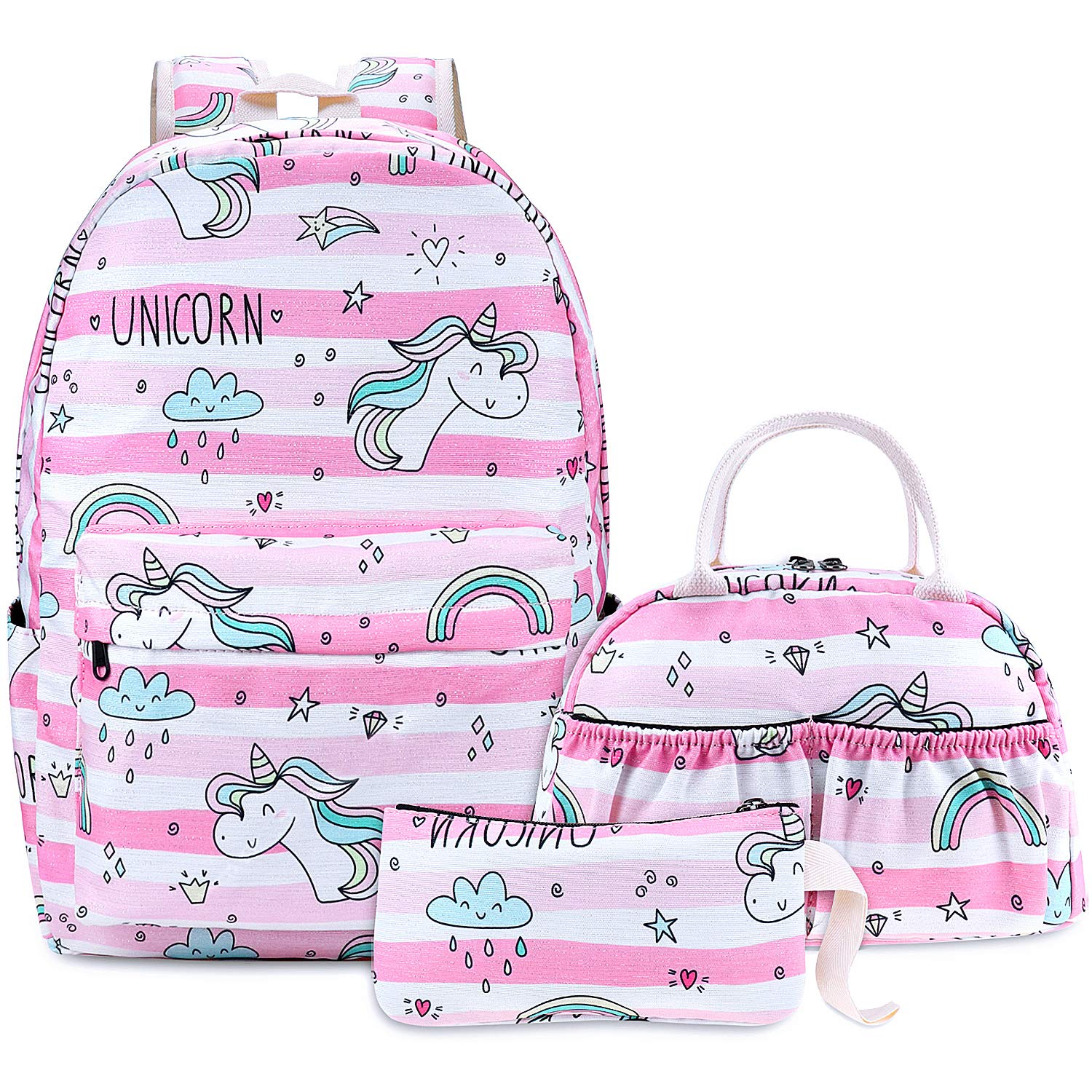 Rainbow Unicorn Backpack Kids School Bag 3-in-1 Bookbag Set, Junlion Twinkle Laptop Backpack Lunch Bag Pencil Case for Teen Girls Womens