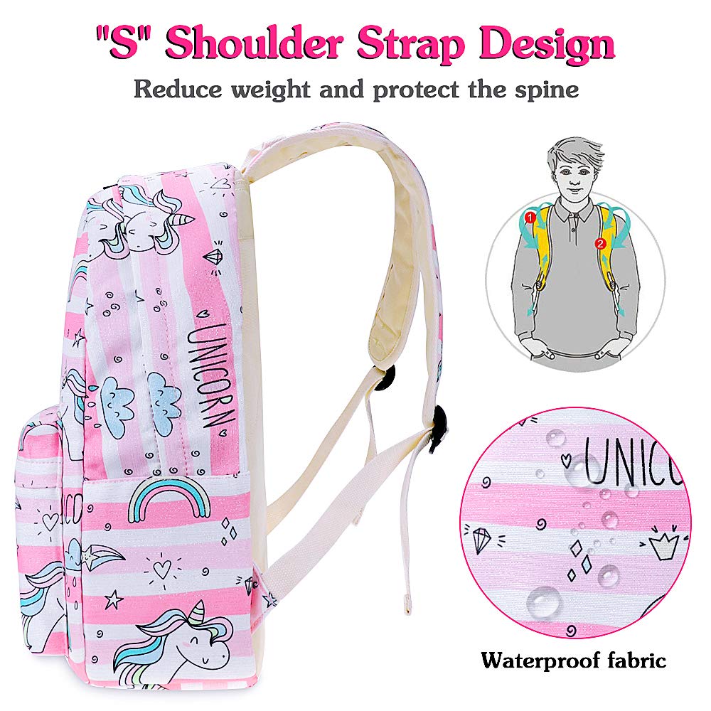 Rainbow Unicorn Backpack Kids School Bag 3-in-1 Bookbag Set, Junlion Twinkle Laptop Backpack Lunch Bag Pencil Case for Teen Girls Womens
