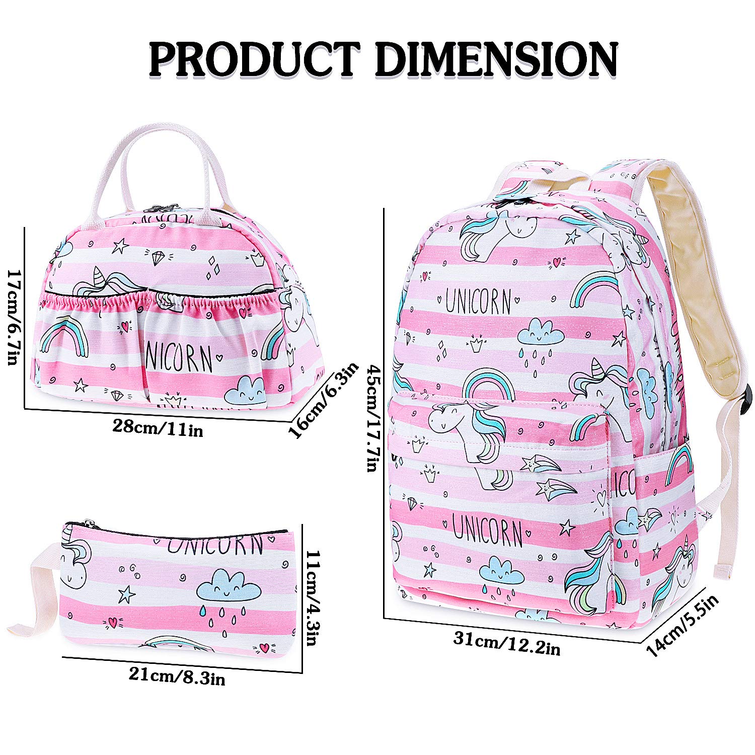 Rainbow Unicorn Backpack Kids School Bag 3-in-1 Bookbag Set, Junlion Twinkle Laptop Backpack Lunch Bag Pencil Case for Teen Girls Womens