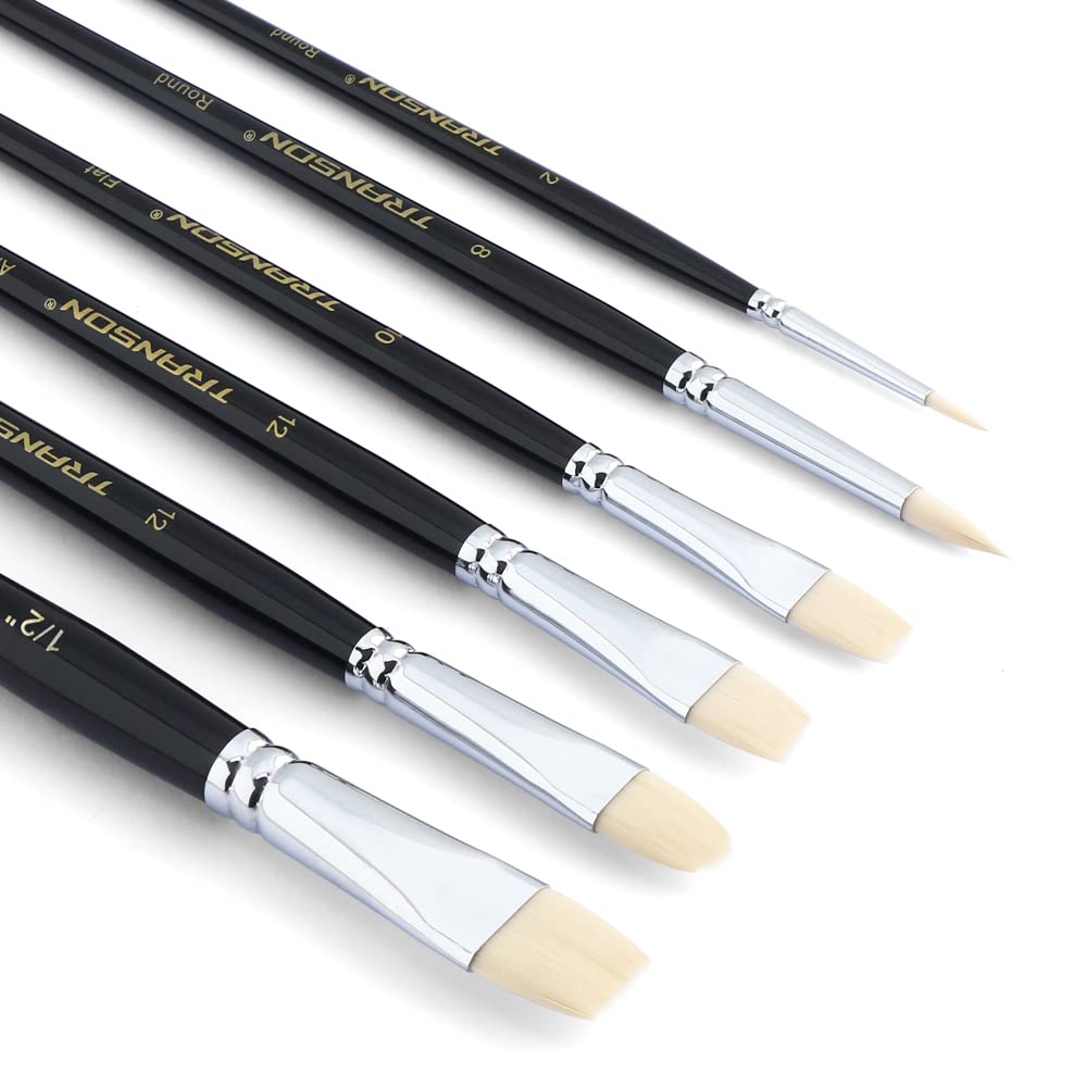Transon Paint Brush Set 6pcs Art Painting Synthetic Bristle for Acrylic Watercolor Gouache Oil Leather Canvas and Face Painting