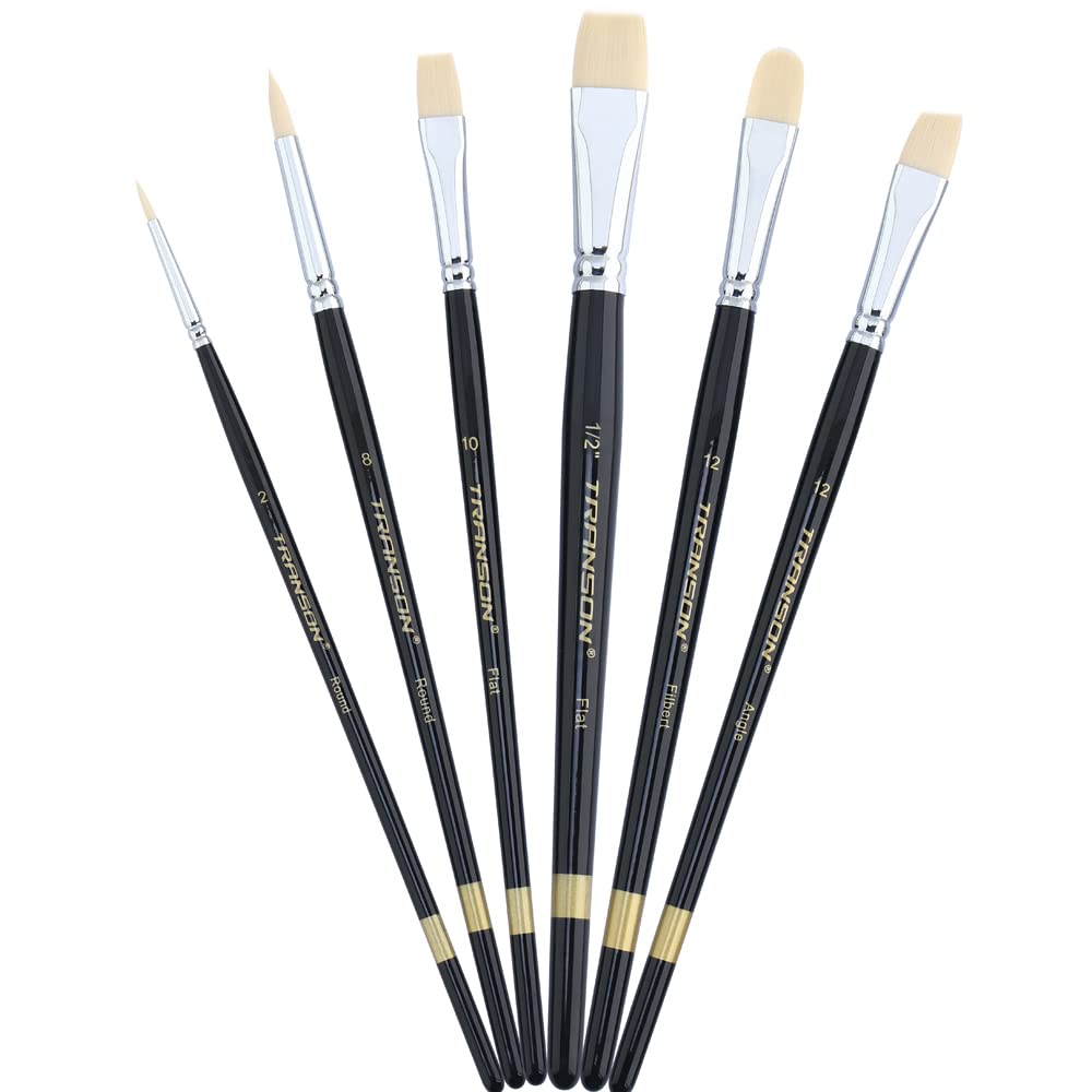 Transon Paint Brush Set 6pcs Art Painting Synthetic Bristle for Acrylic Watercolor Gouache Oil Leather Canvas and Face Painting