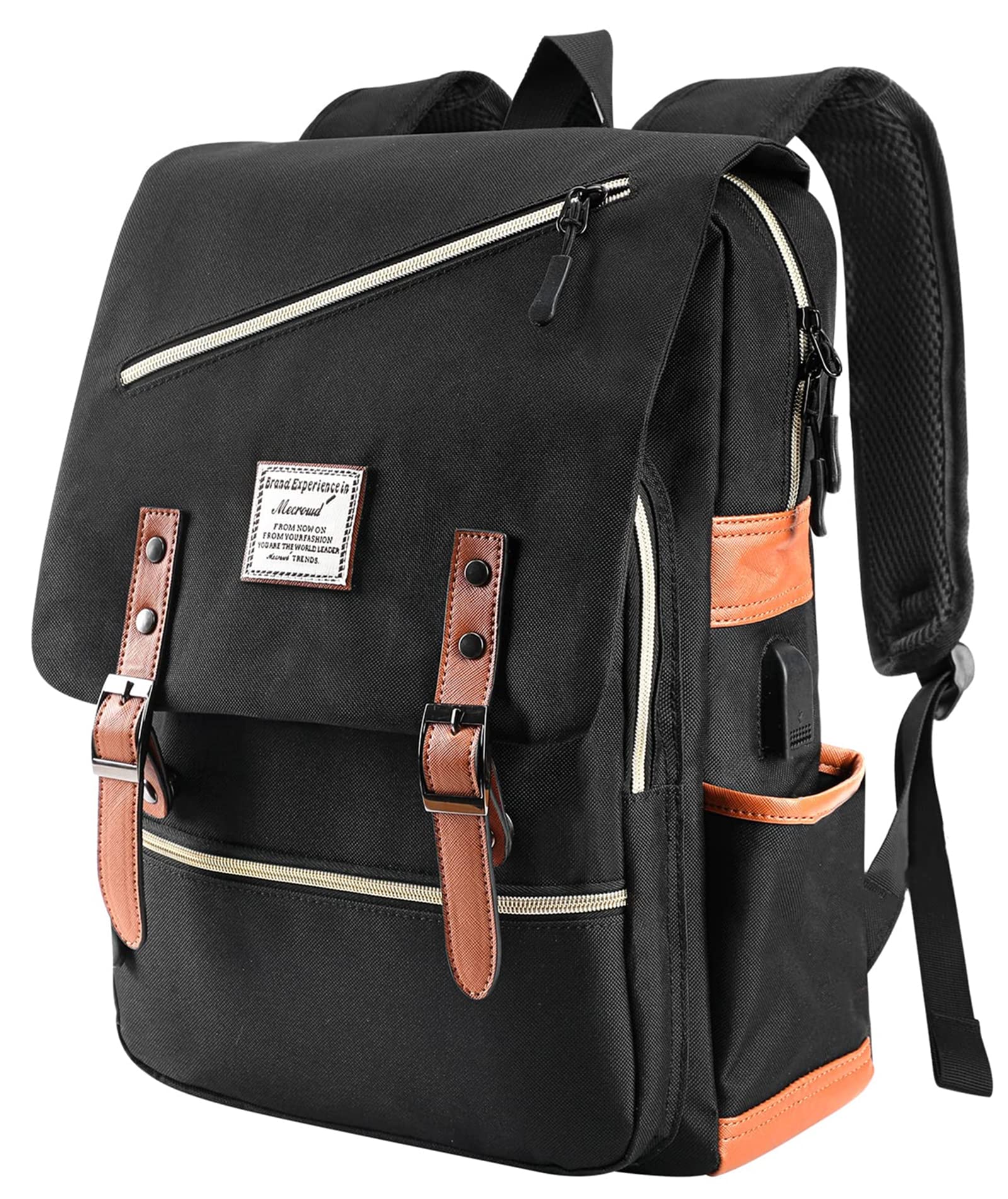 Mecrowd Vintage Laptop Backpack with USB Charging Port, Backpack for College School Student Fits up to 15.6 Inch Laptop Computer Backpack Casual Rucksack for Men Women (Black)
