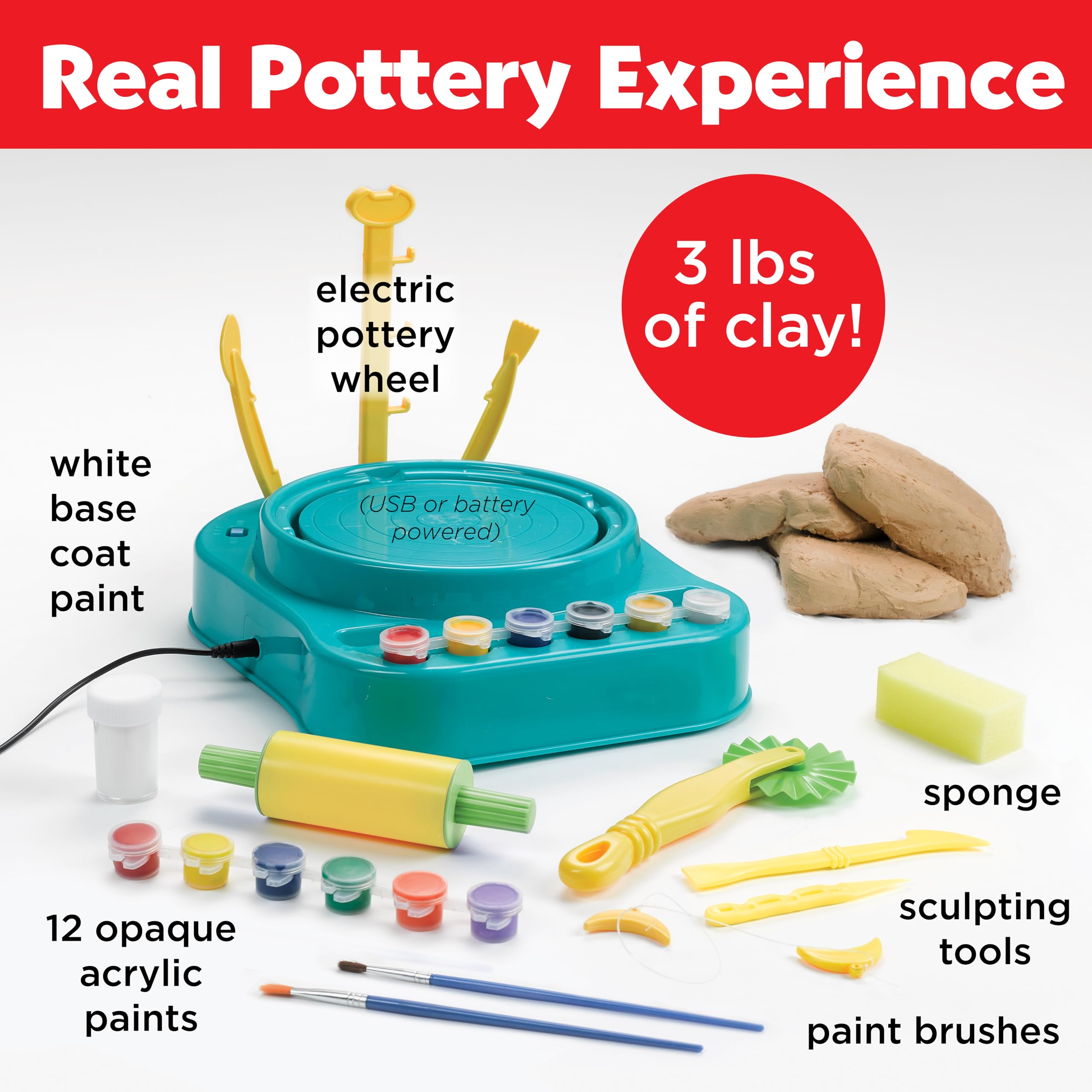 Faber-Castell Pottery Studio - Kids Pottery Wheel Kit for Ages 8+, Complete Pottery Wheel and Painting Kit for Beginners, 3 lbs of Sculpting Clay , Blue