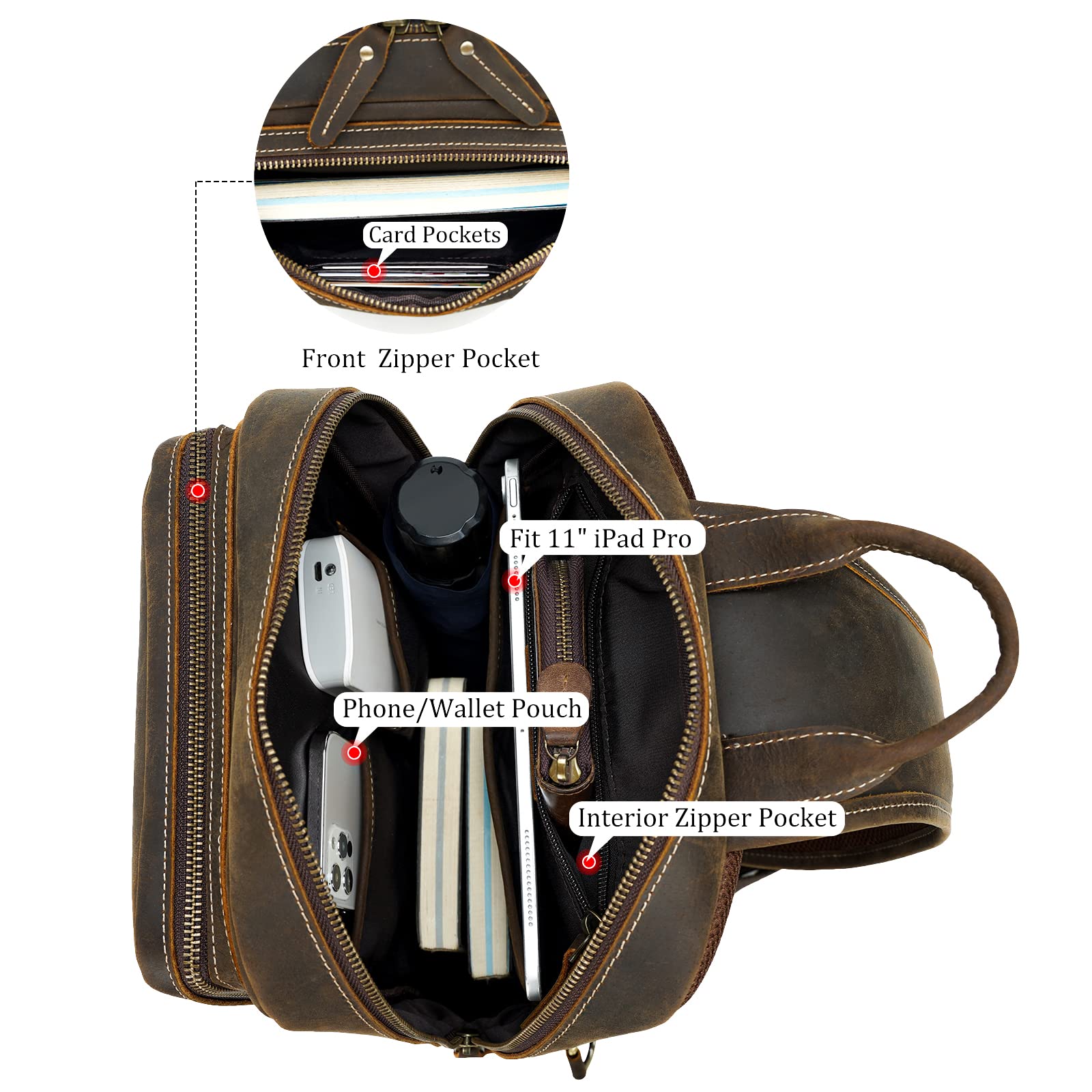 Polare Full Grain Leather Sling Backpack Crossbody Travel Hiking Daypack Shoulder Sling Bag