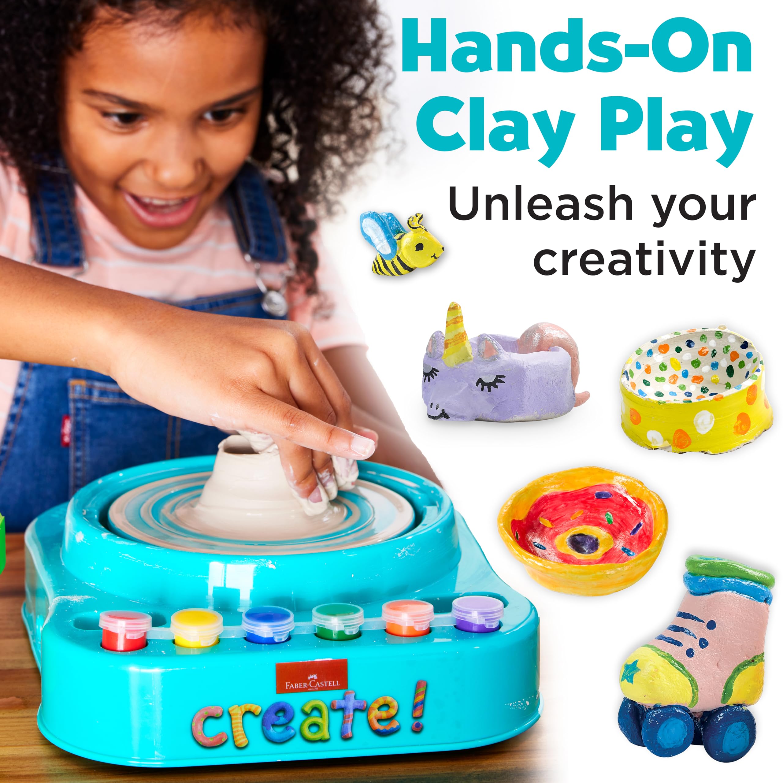 Faber-Castell Pottery Studio - Kids Pottery Wheel Kit for Ages 8+, Complete Pottery Wheel and Painting Kit for Beginners, 3 lbs of Sculpting Clay , Blue