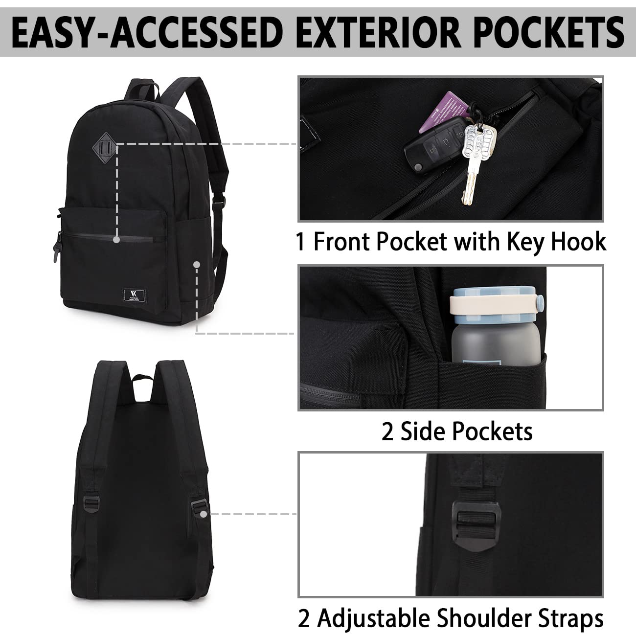 VX VONXURY Backpack for Men Women,15.6 Inch Water-resistant School Bookbag Casual Travel Daypack for Teen Boys and Girls Black
