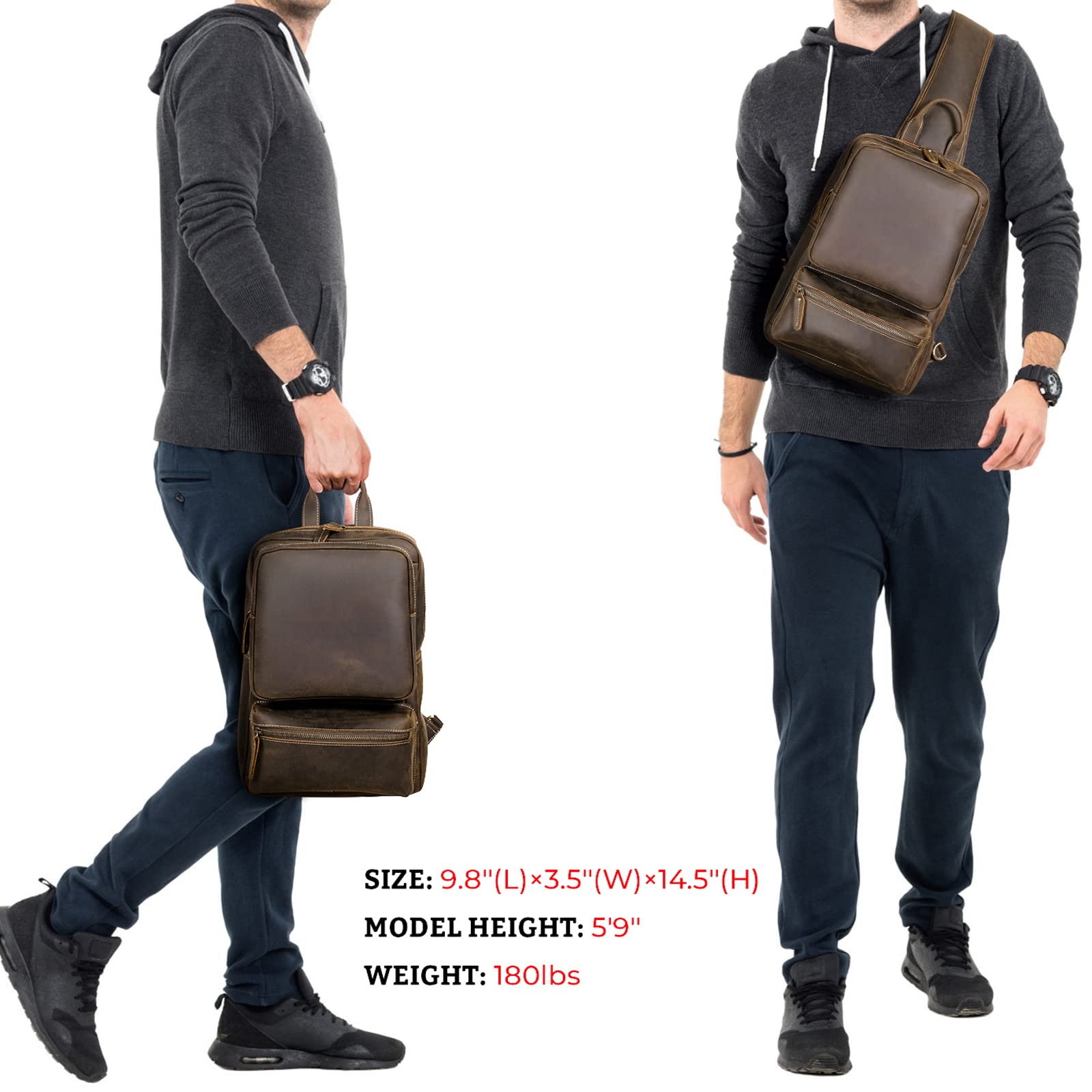 Polare Full Grain Leather Sling Backpack Crossbody Travel Hiking Daypack Shoulder Sling Bag