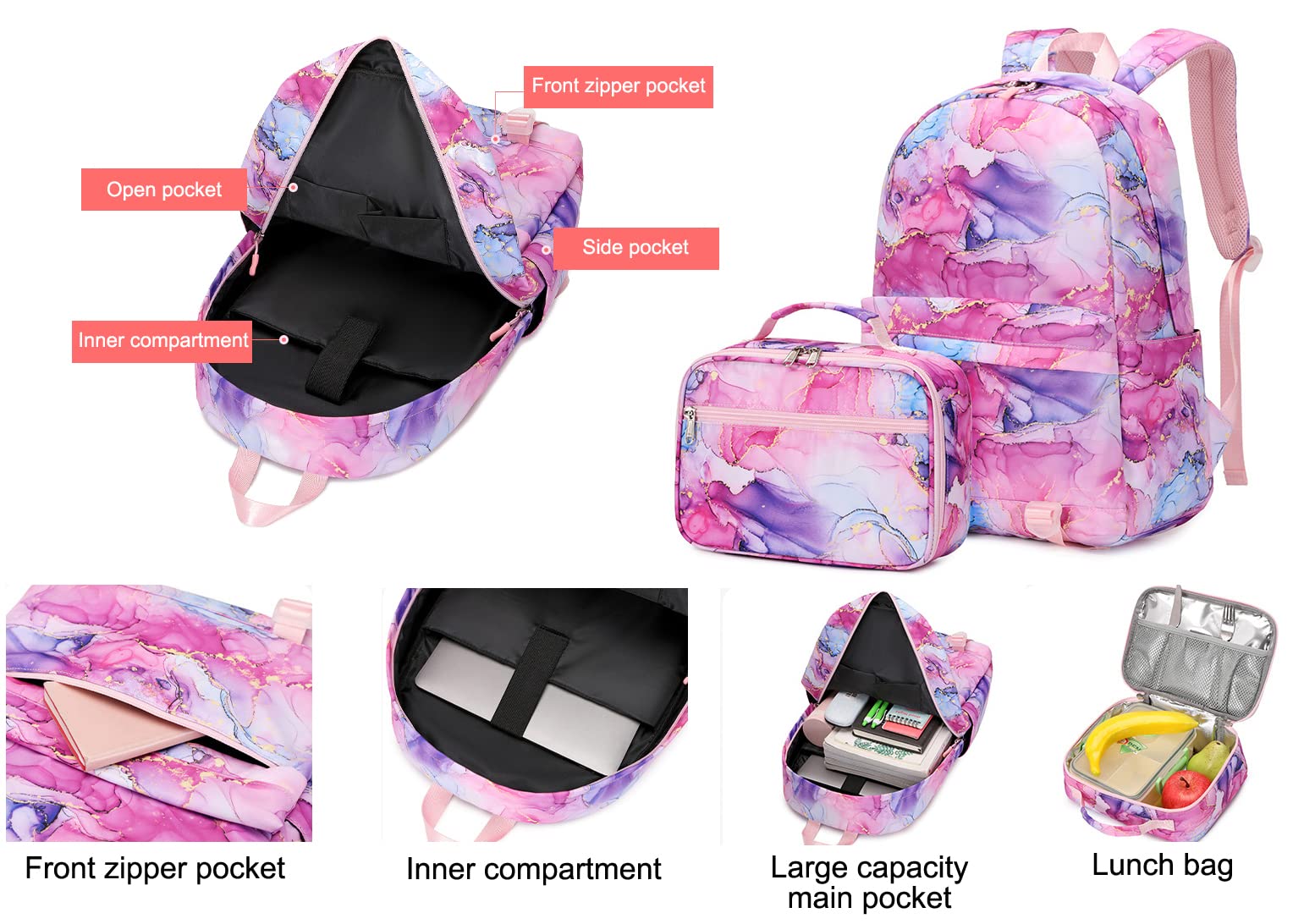 JiaYou Junior high school Backpack Sets 2Pcs Daypack with Lunch case Girls Middle school Bag(Black,20 Liters)