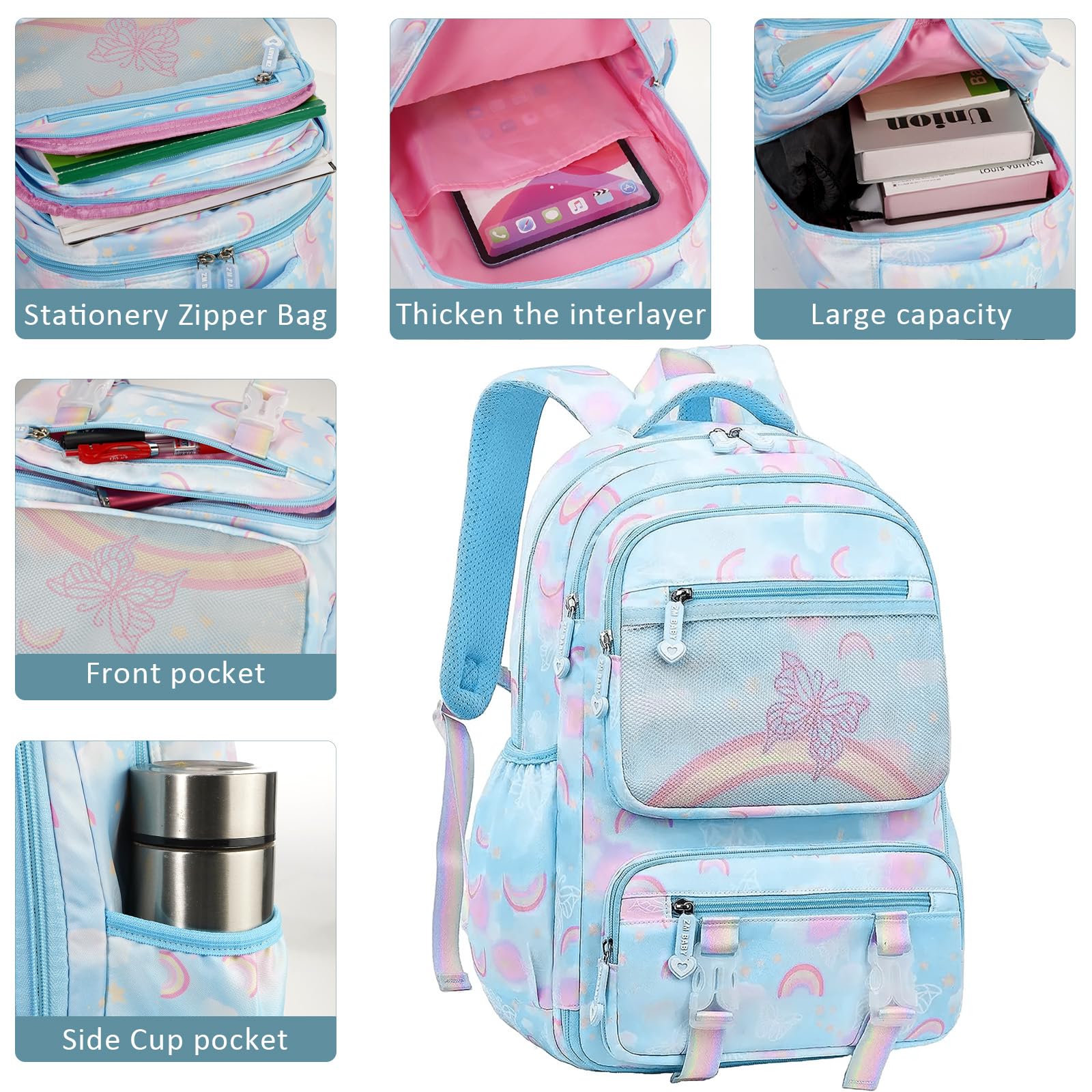 School Backpack for Girls, Lightweight Waterproof Cute Rainbow School Bookbag for Teen Kids Students Elementary (Rainbow Pink)
