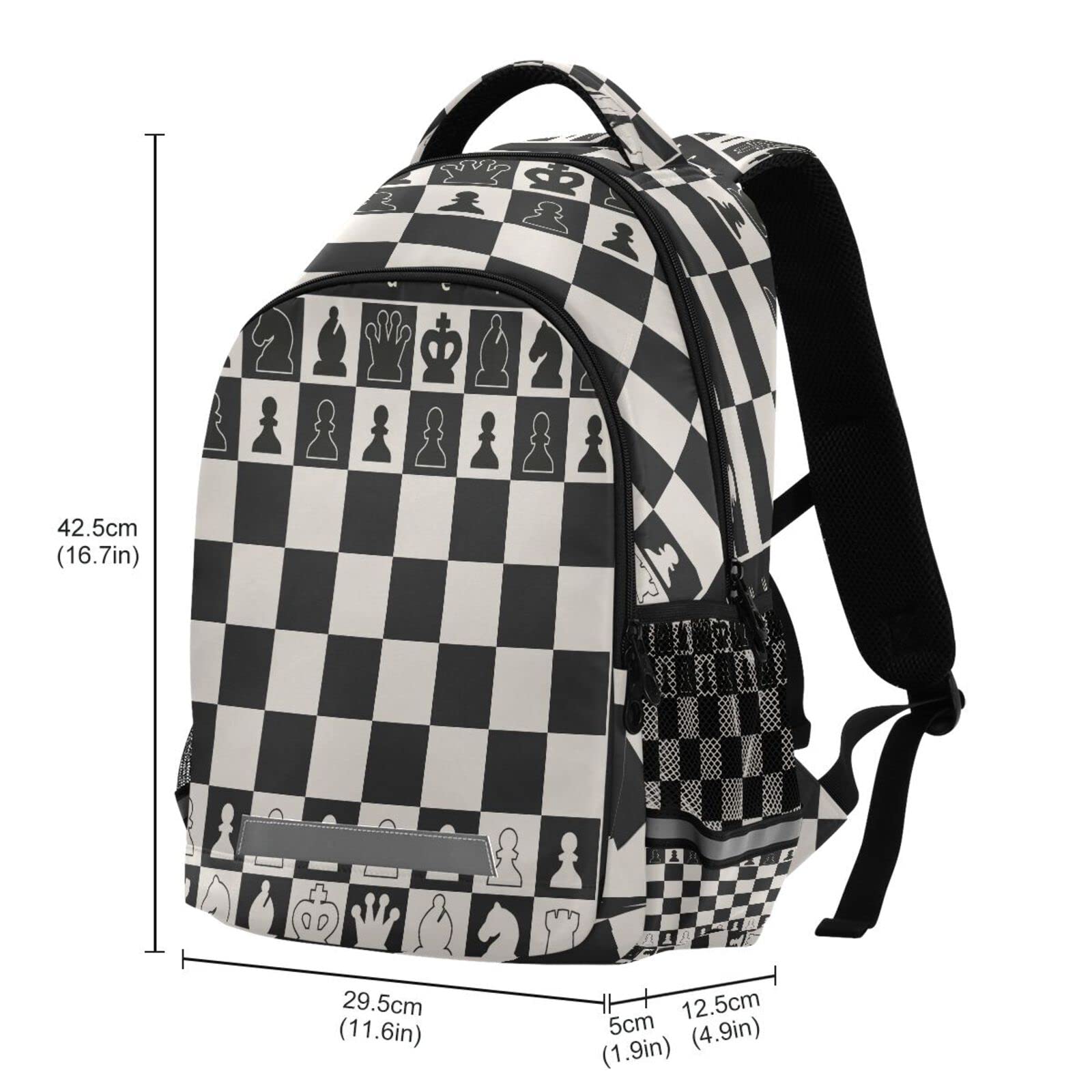Black White Chess Board School Backpacks with Chest Strap for Teens Boys Girls,Lightweight Student Bookbags 17 Inch, Chess Pieces Casual Daypack Schoolbags