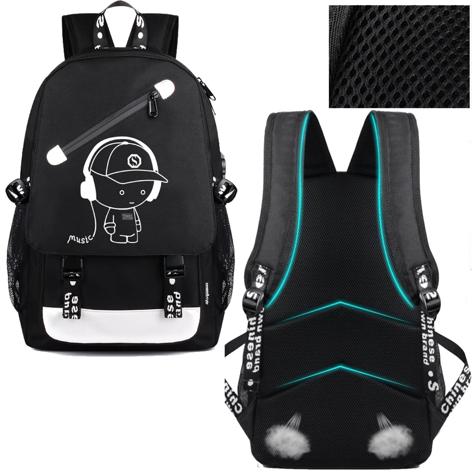 Anime Luminous Backpack Noctilucent School Bags Daypack USB chargeing port Laptop Bag Handbag For Boys Girls Men Women (Music boy 2)