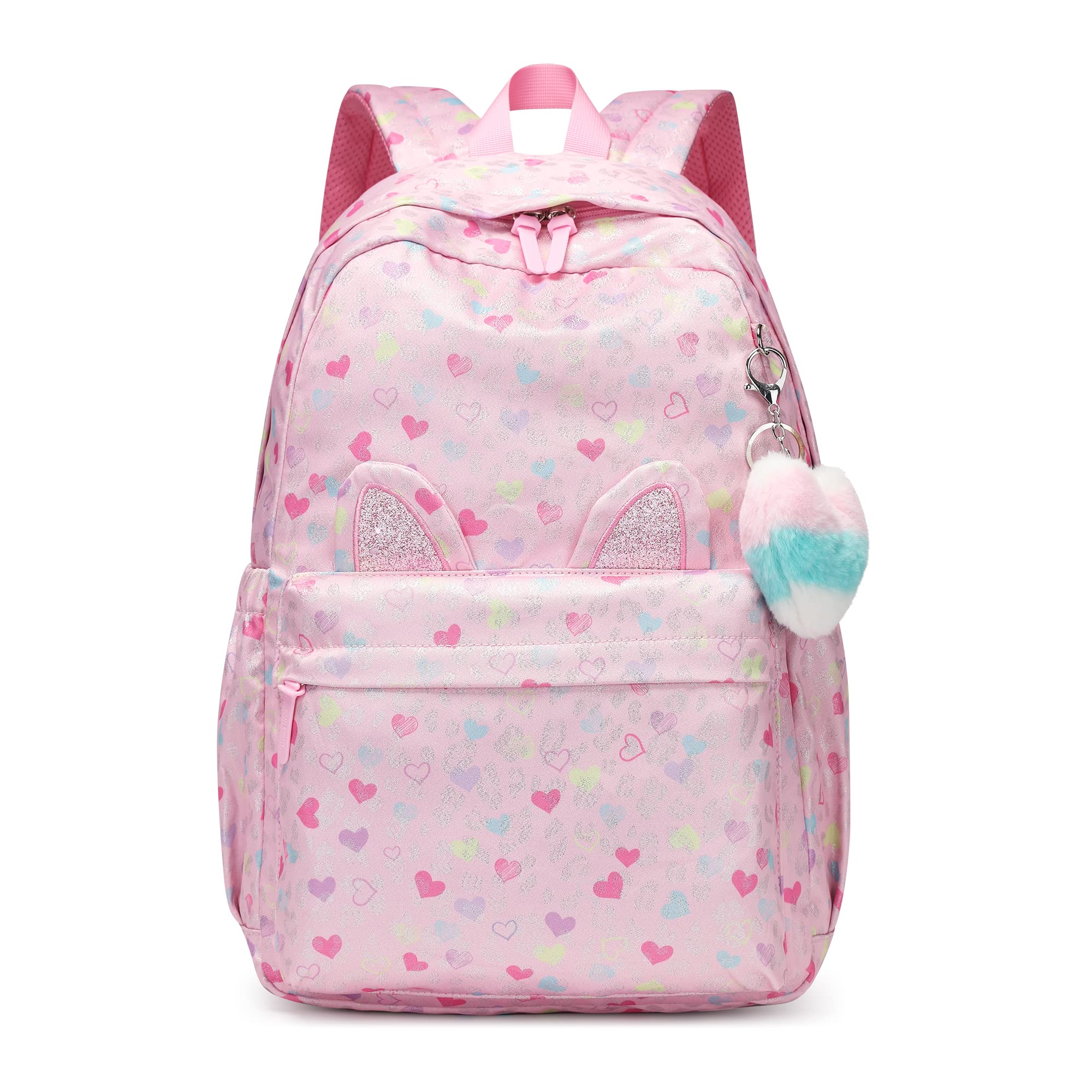 Reqinqin Kids Backpack Girls And Boys Pink Waterproof Large Space School Backpack Suitable for Age for Over 6 Years old Lightweight Travel Cat Ear Heart Keychain Toddler Backpack(Pink Heart)