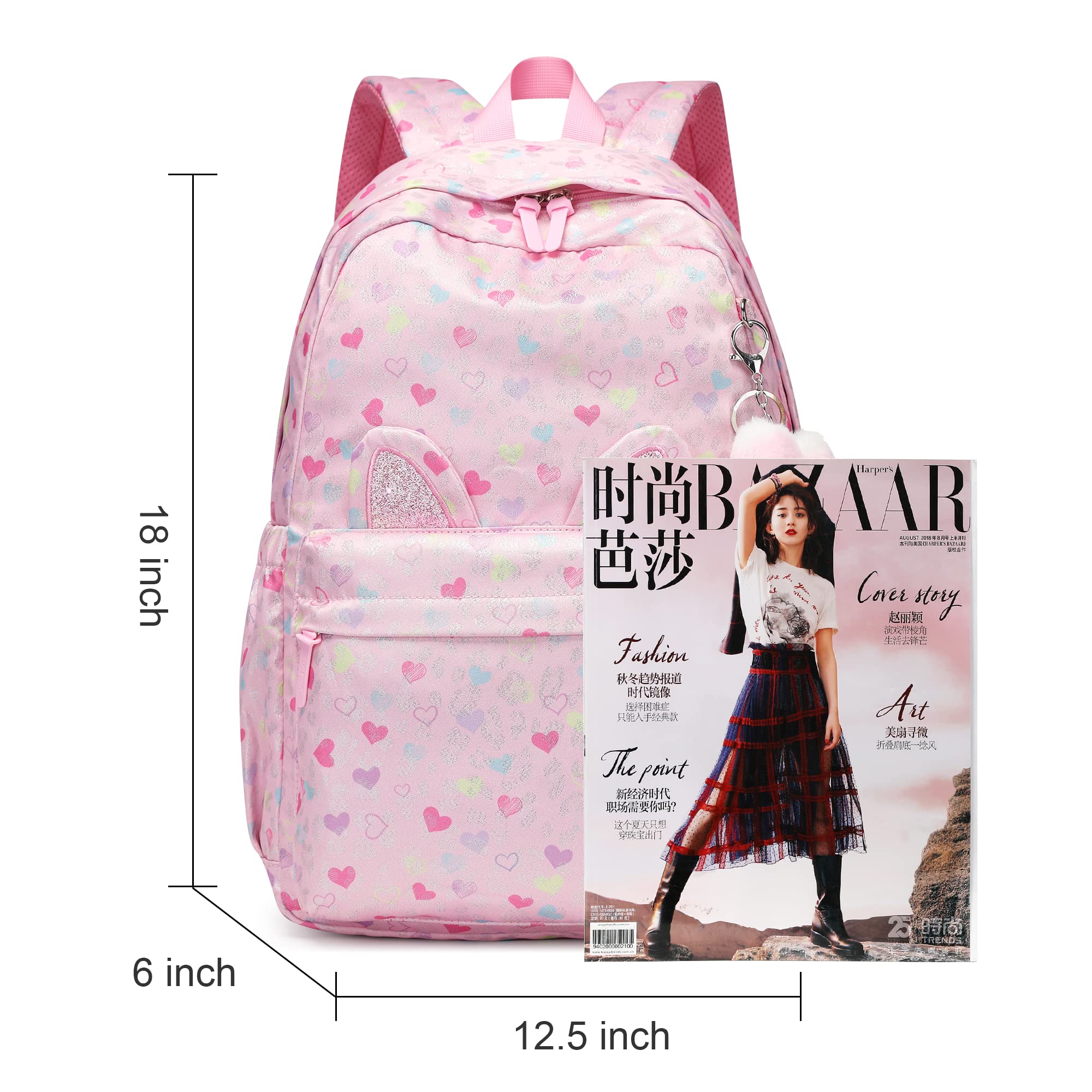 Reqinqin Kids Backpack Girls And Boys Pink Waterproof Large Space School Backpack Suitable for Age for Over 6 Years old Lightweight Travel Cat Ear Heart Keychain Toddler Backpack(Pink Heart)